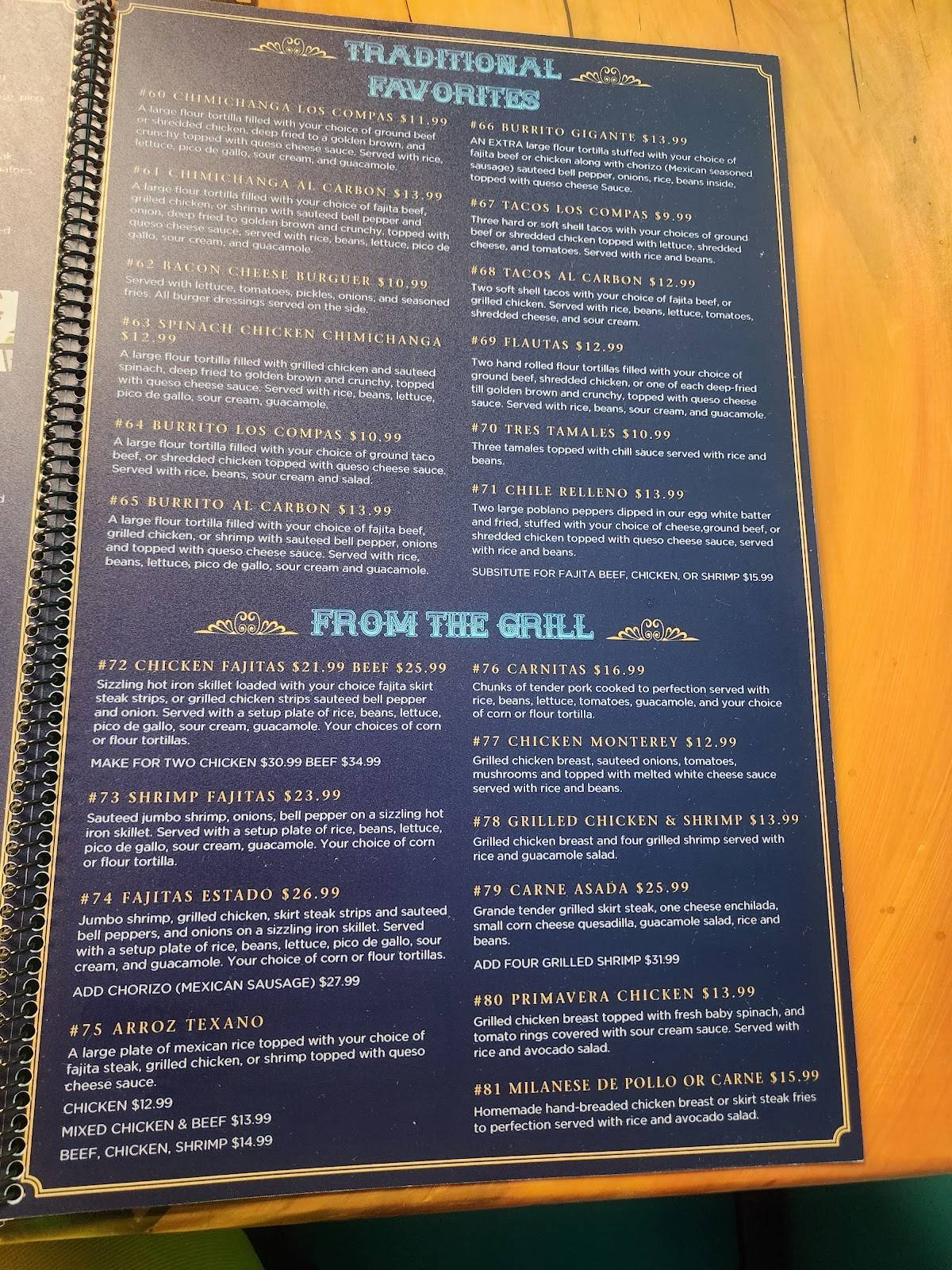 Menu at Los Compas restaurant, Bossier City