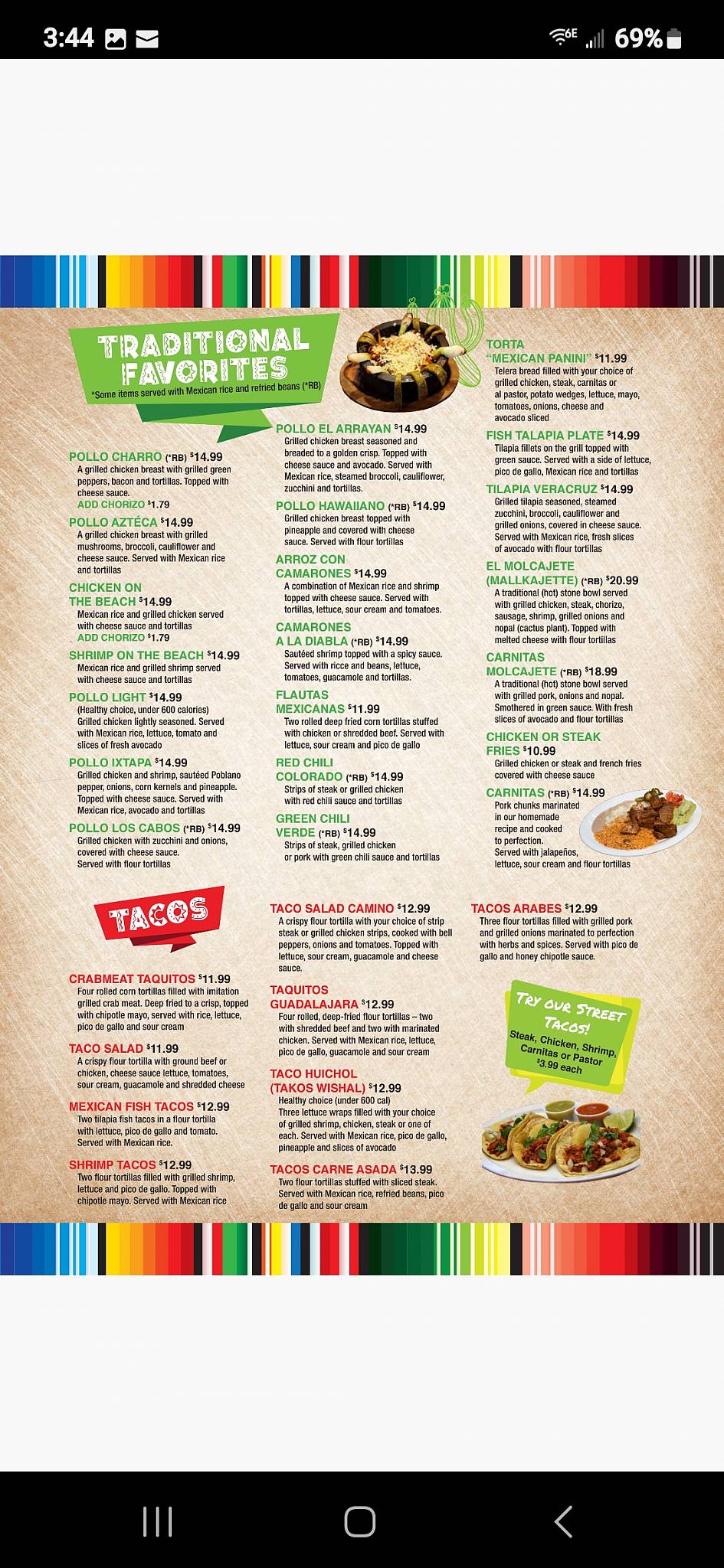 Menu at Los Tres Caminos restaurant, Evansville