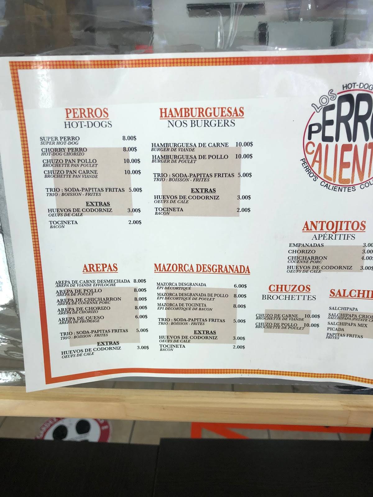 Menu au Los Perros calientes Montreal restaurant, Montréal