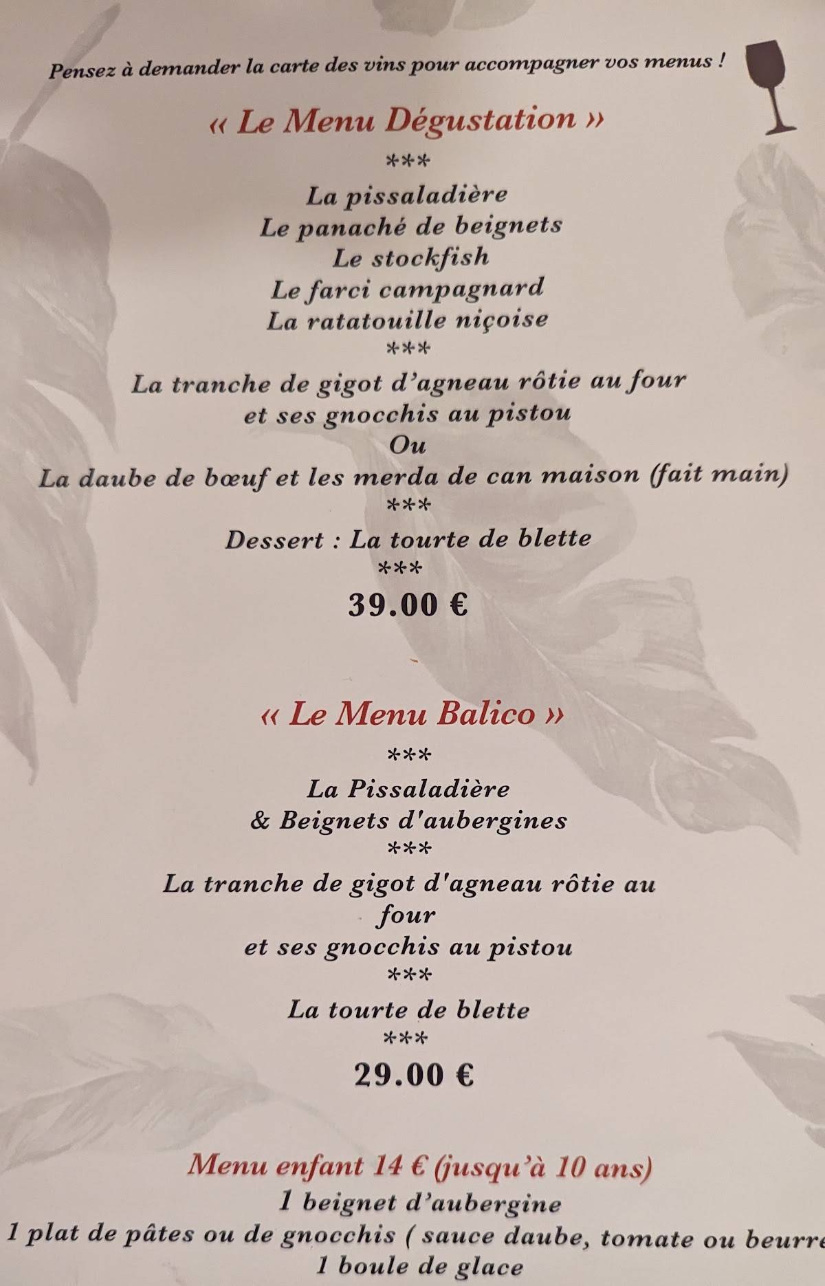 Menu au Lou Balico restaurant, Nice