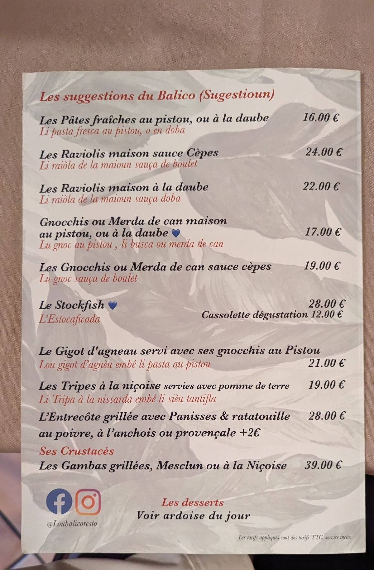 Menu au Lou Balico restaurant, Nice