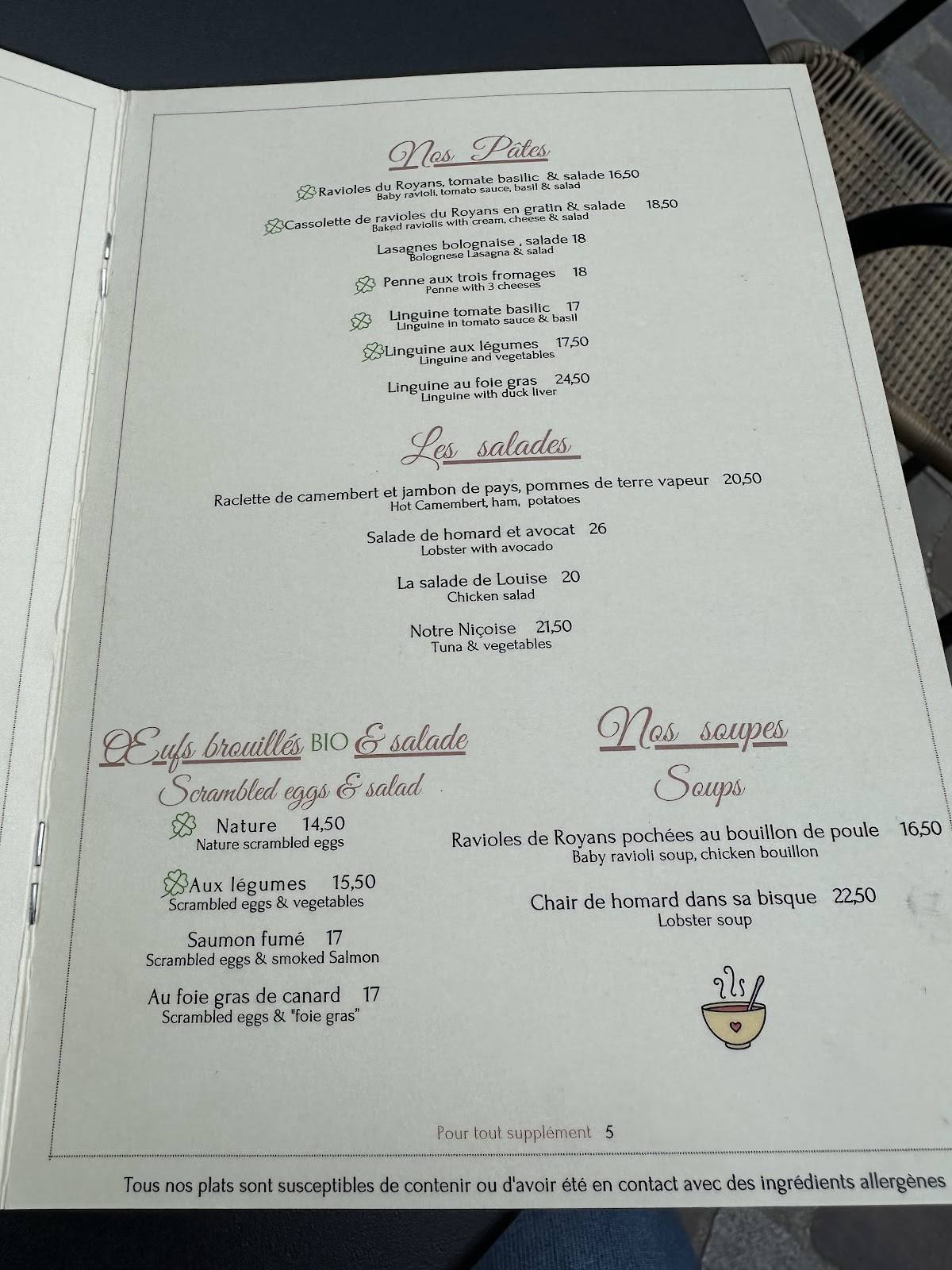 Menu at Louise Café, Paris, 8 Rue Croix des Petits Champs