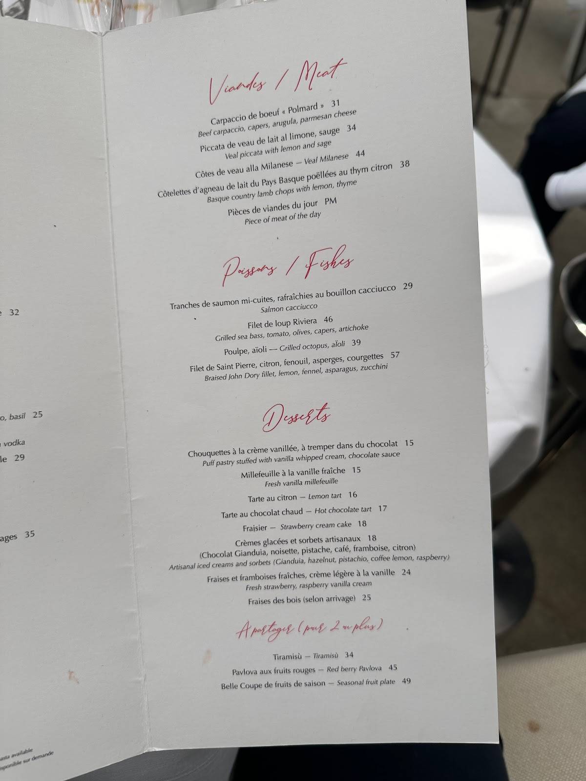 Carta de Loulou Restaurant Paris, Paris, 107 Rue de Rivoli