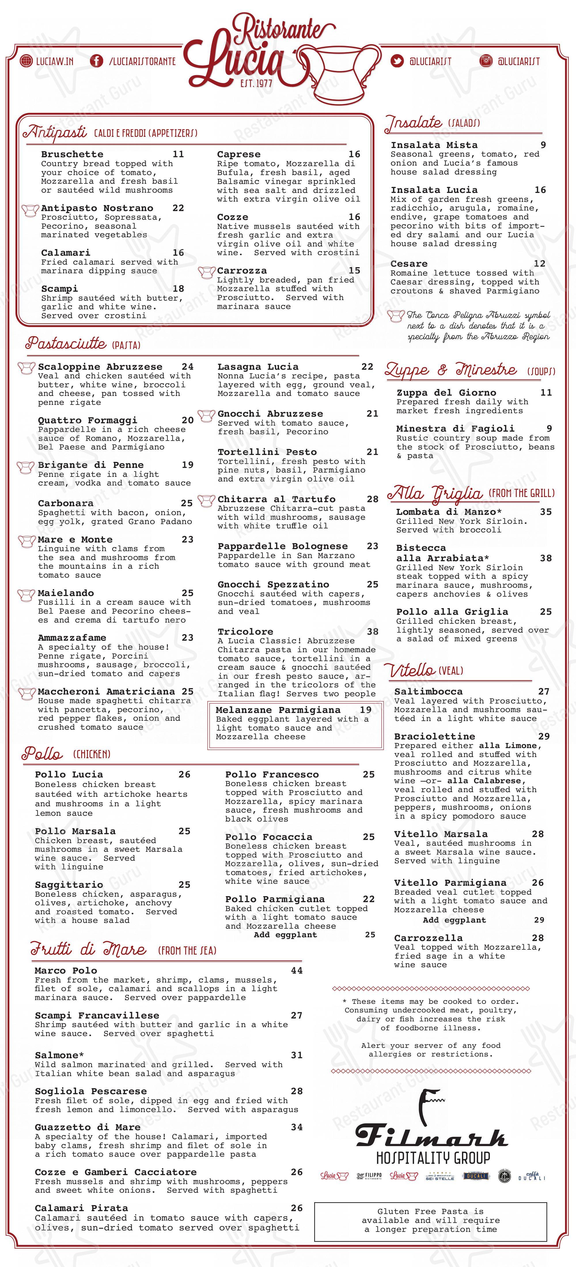 Menu at Lucia Ristorante / Winchester pub & bar, Winchester, 13 Mt ...