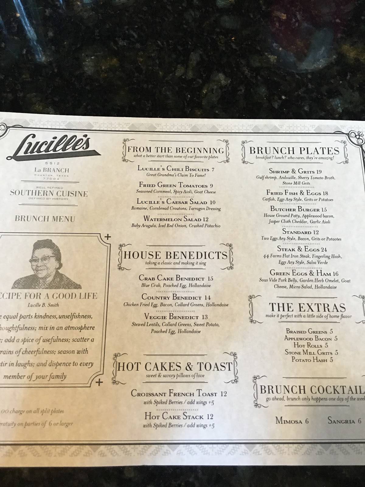 Menu at Lucille's restaurant, Houston