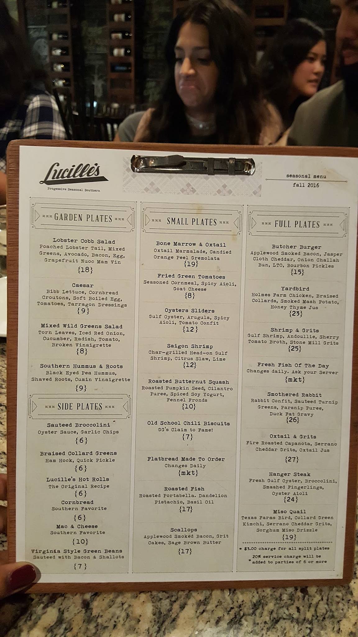 Menu at Lucille's restaurant, Houston