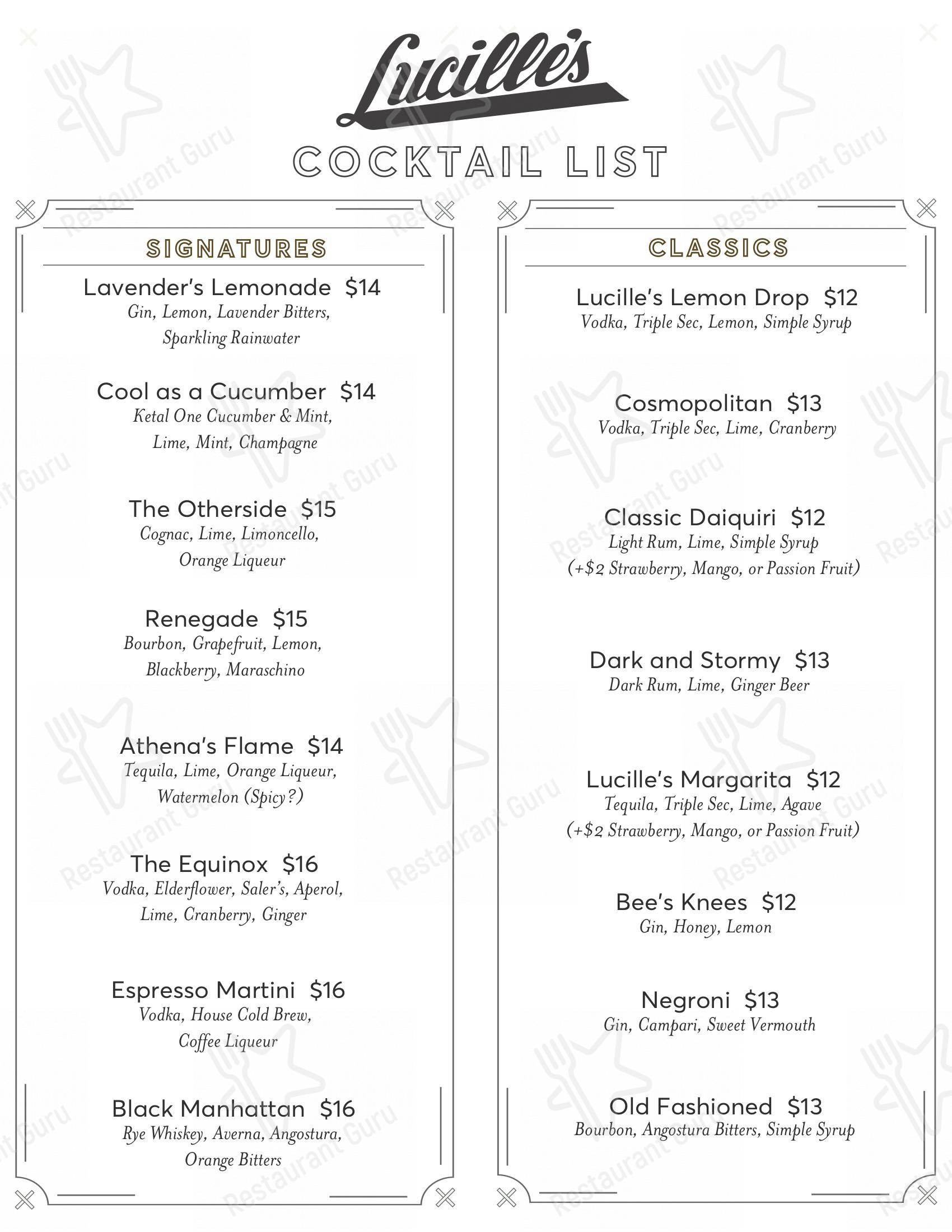 Menu at Lucille's restaurant, Houston
