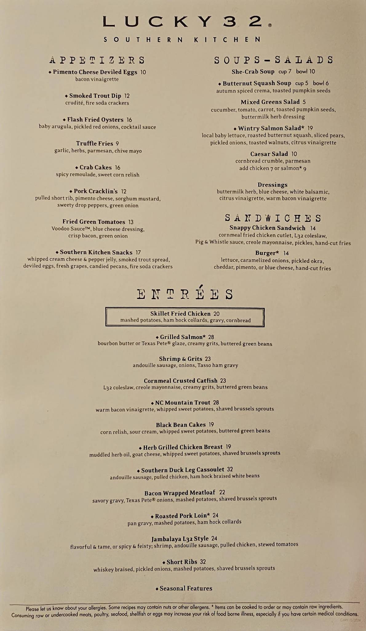 Menu at Lucky 32 Southern Kitchen restaurant, Cary