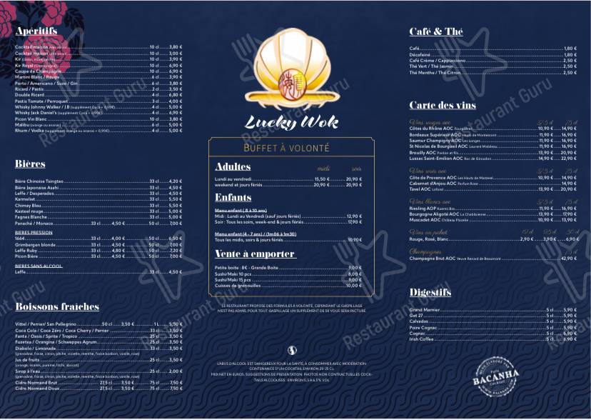 Menu au Lucky Wok restaurant, Fourmies