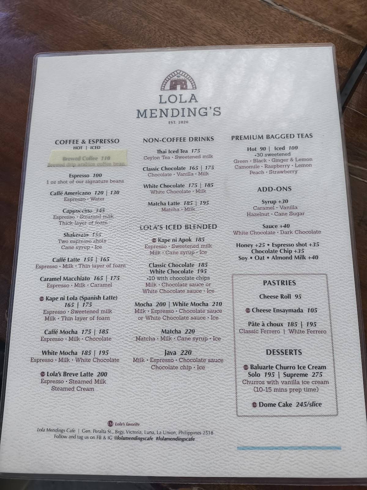Menu at Lola Mending’s Cafe, Luna