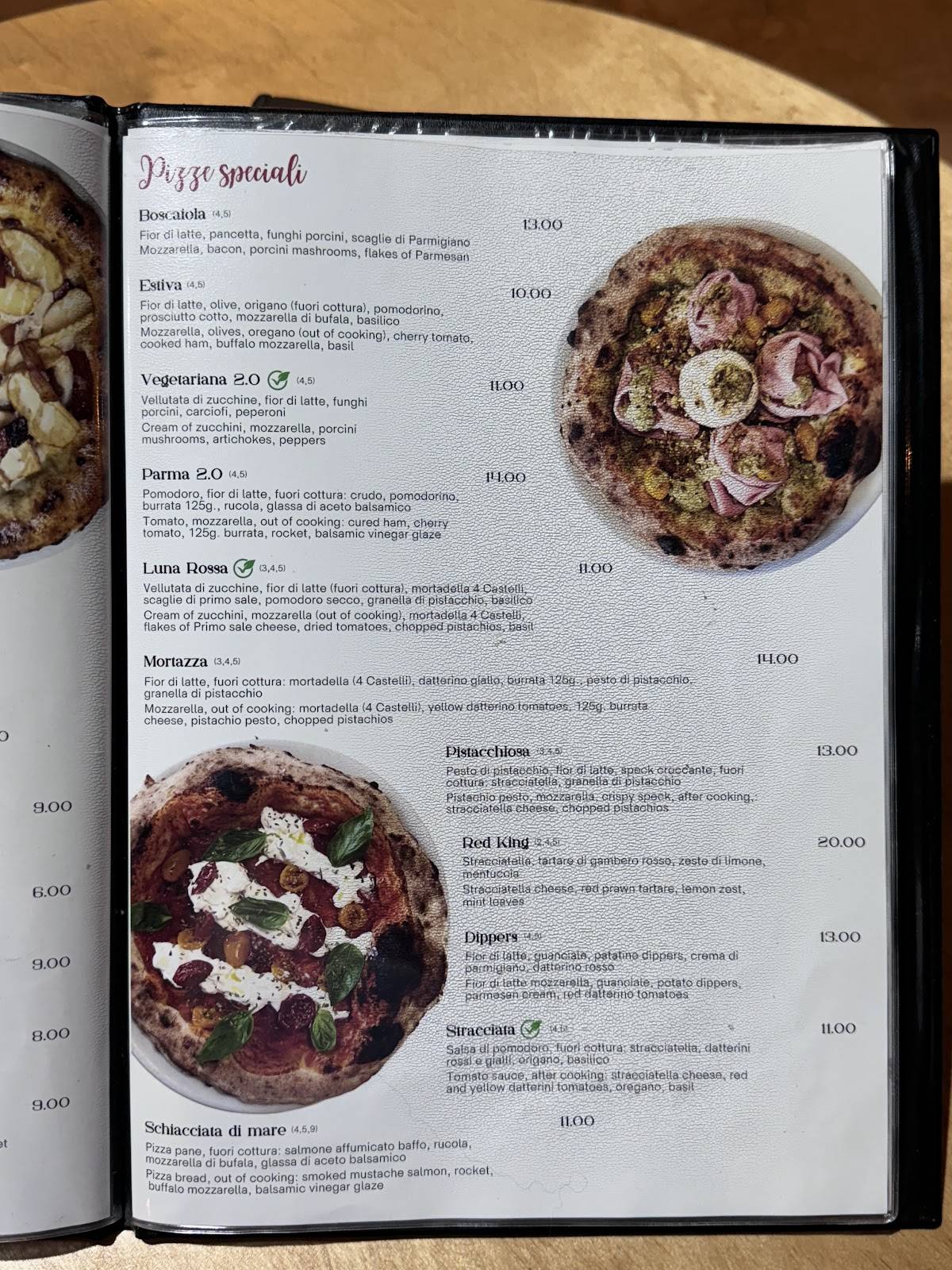 Menu da Luna Rossa pizzeria, Marsala