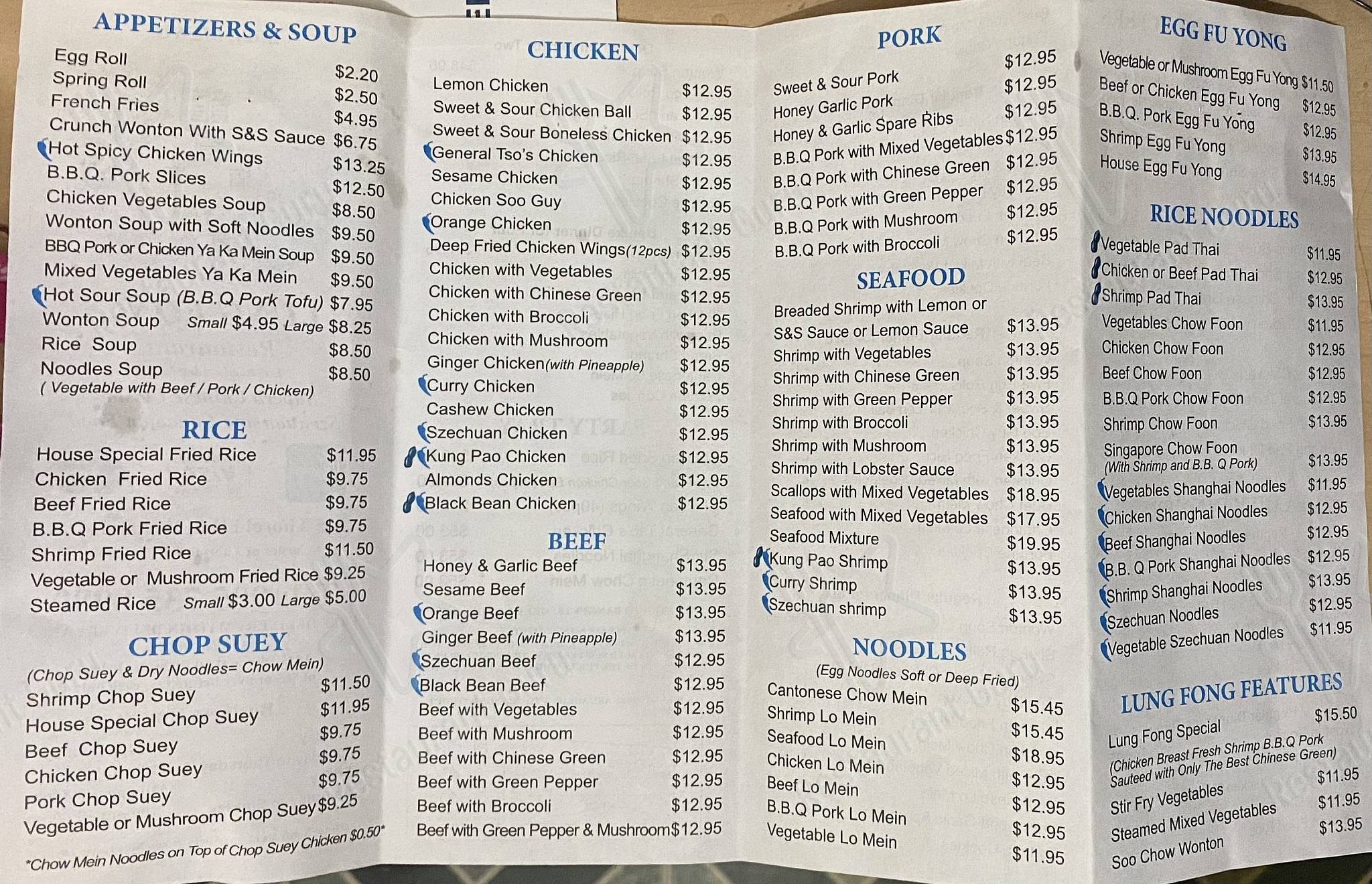 Menu at Lung Fong Restaurant, Welland