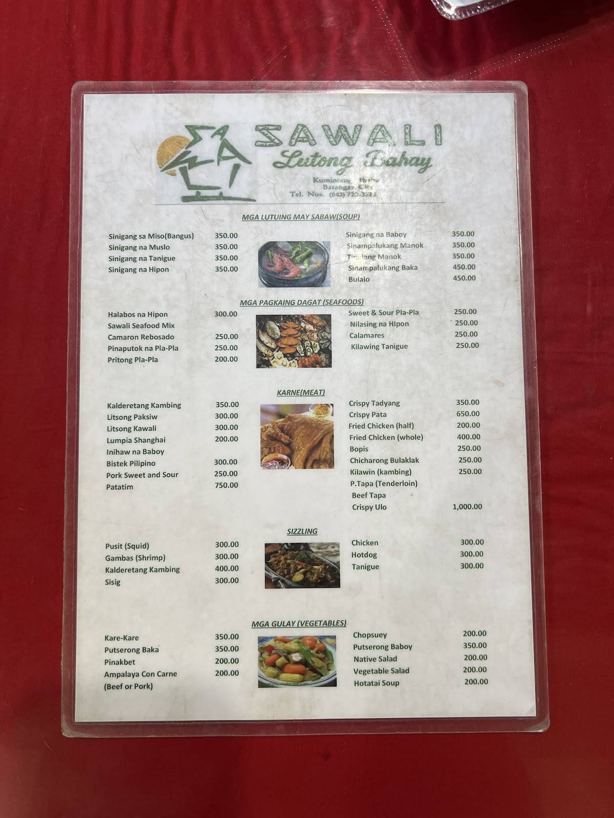 Menu at Lutong Bahay sa Sawali restaurant, Batangas