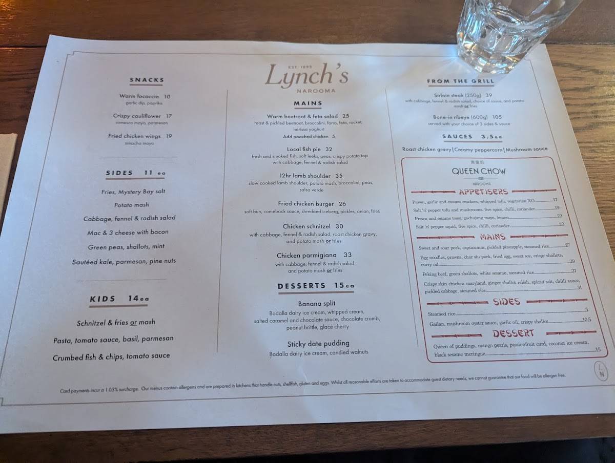 Menu at Lynch's Narooma restaurant, Narooma, 135 Wagonga St
