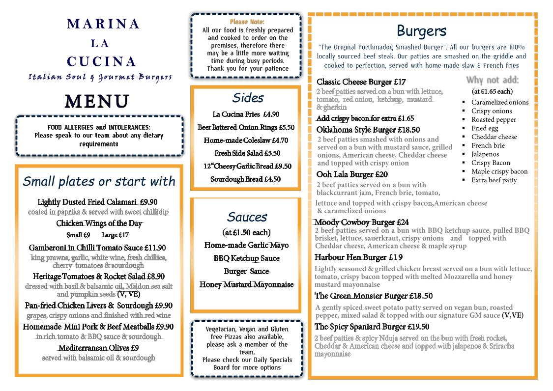 Menu at MARINA LA CUCINA restaurant, Porthmadog