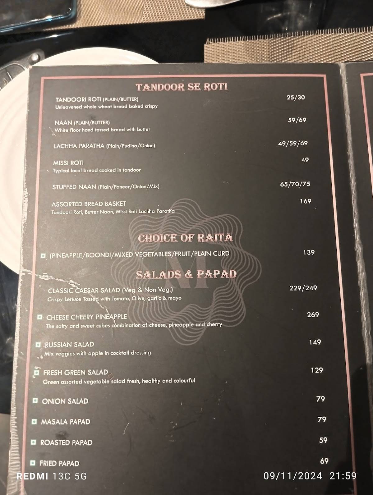 Menu at MICASA-JHANSI, Jhansi