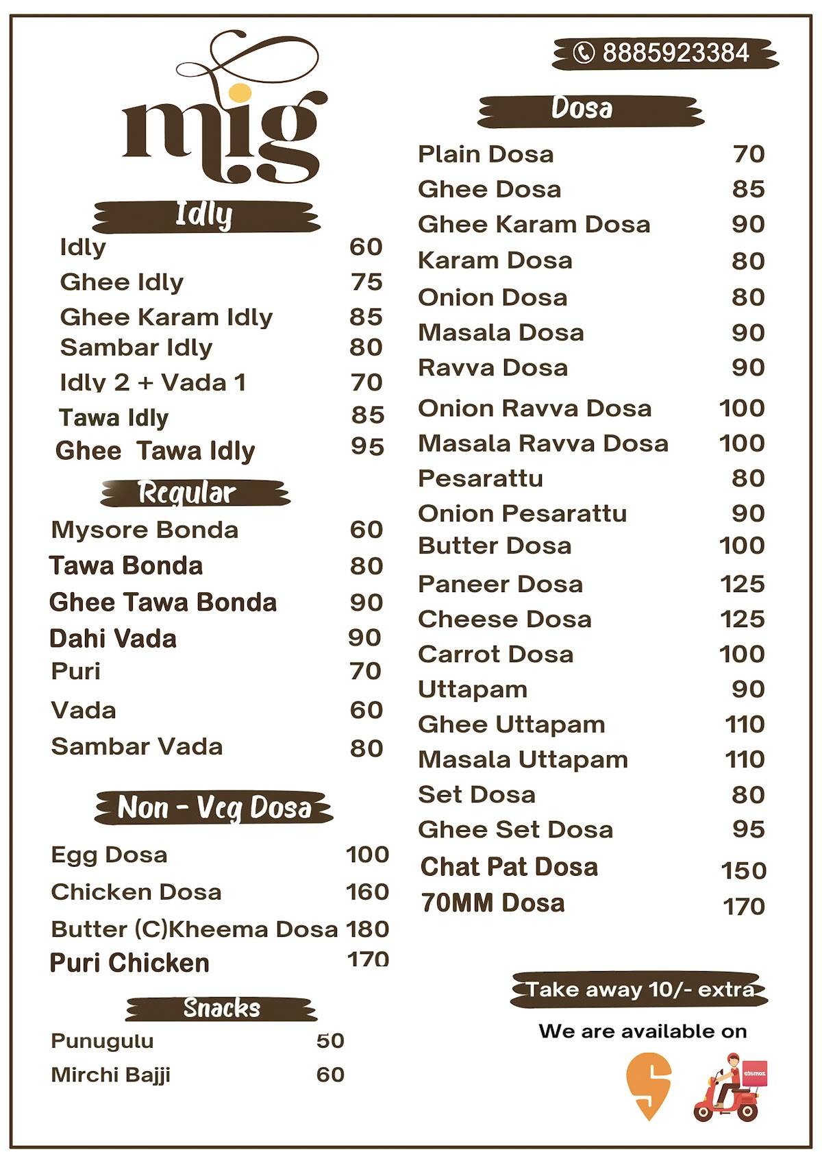 Menu at MIG Tiffins, Hyderabad