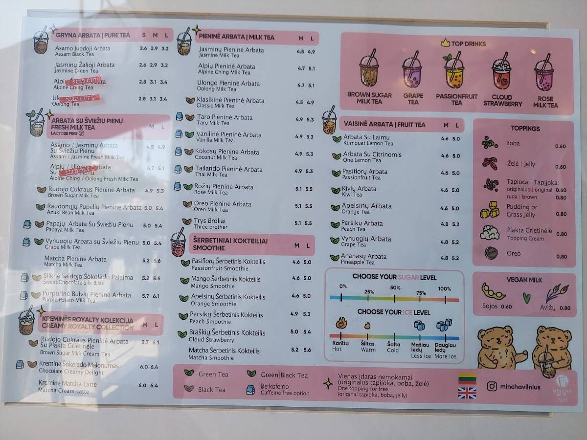 Menu at MIN CHA, Vilnius