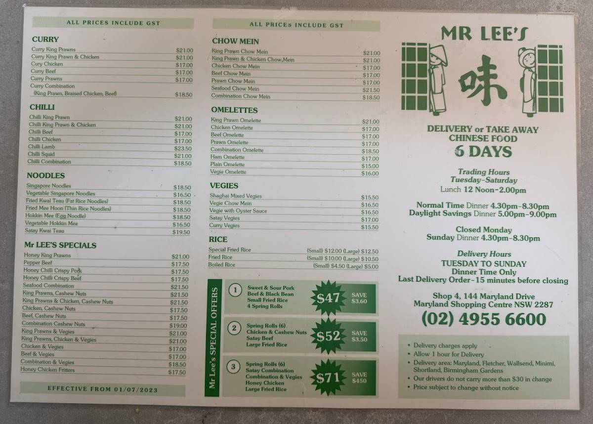 Menu at MR Lee's Chinese Takeaway fast food, Maryland