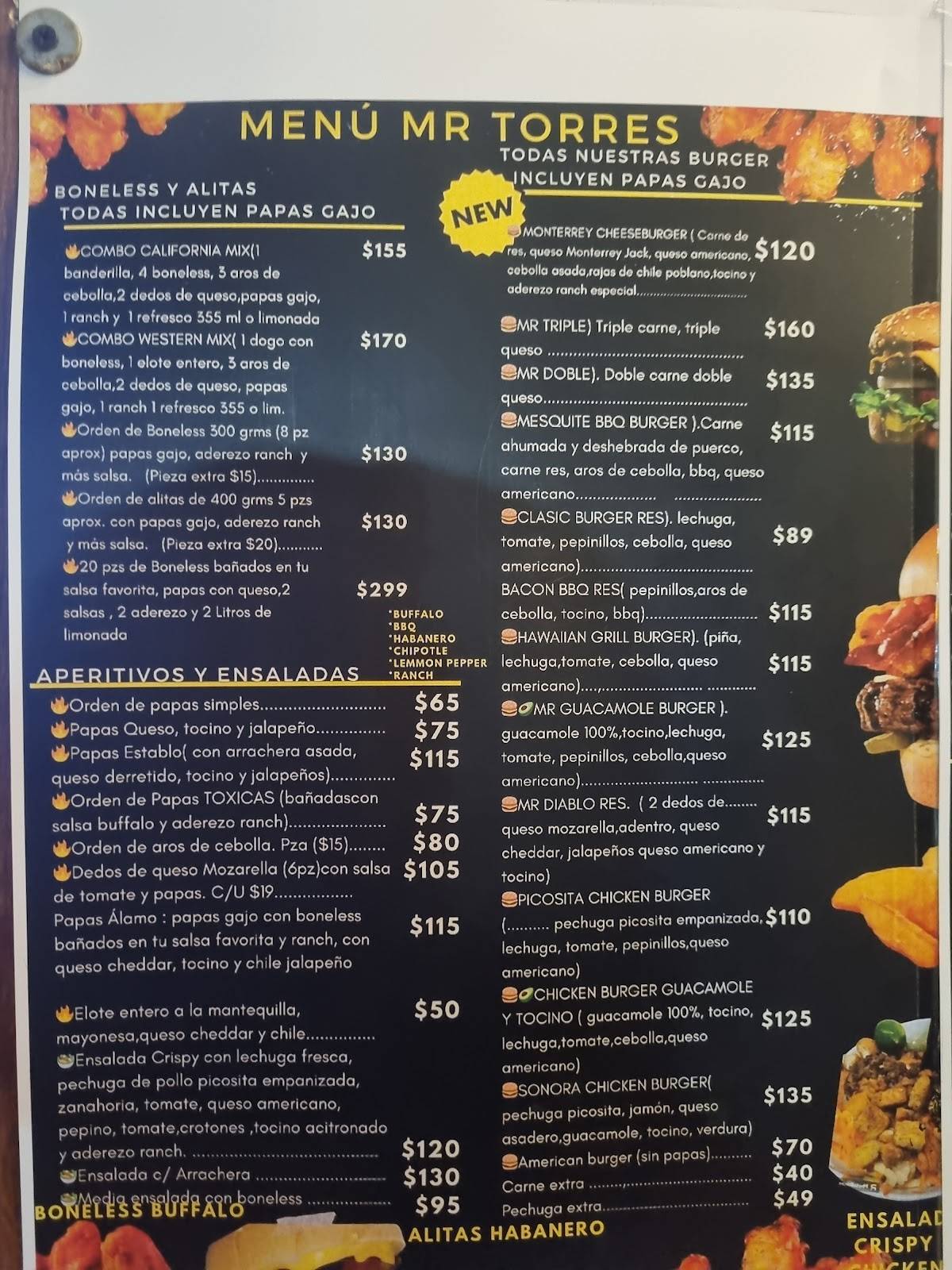 Menu at MR TORRES ALITAS, HAMBURGUESAS, PIZZAS, BONELESS, HOT DOG ...