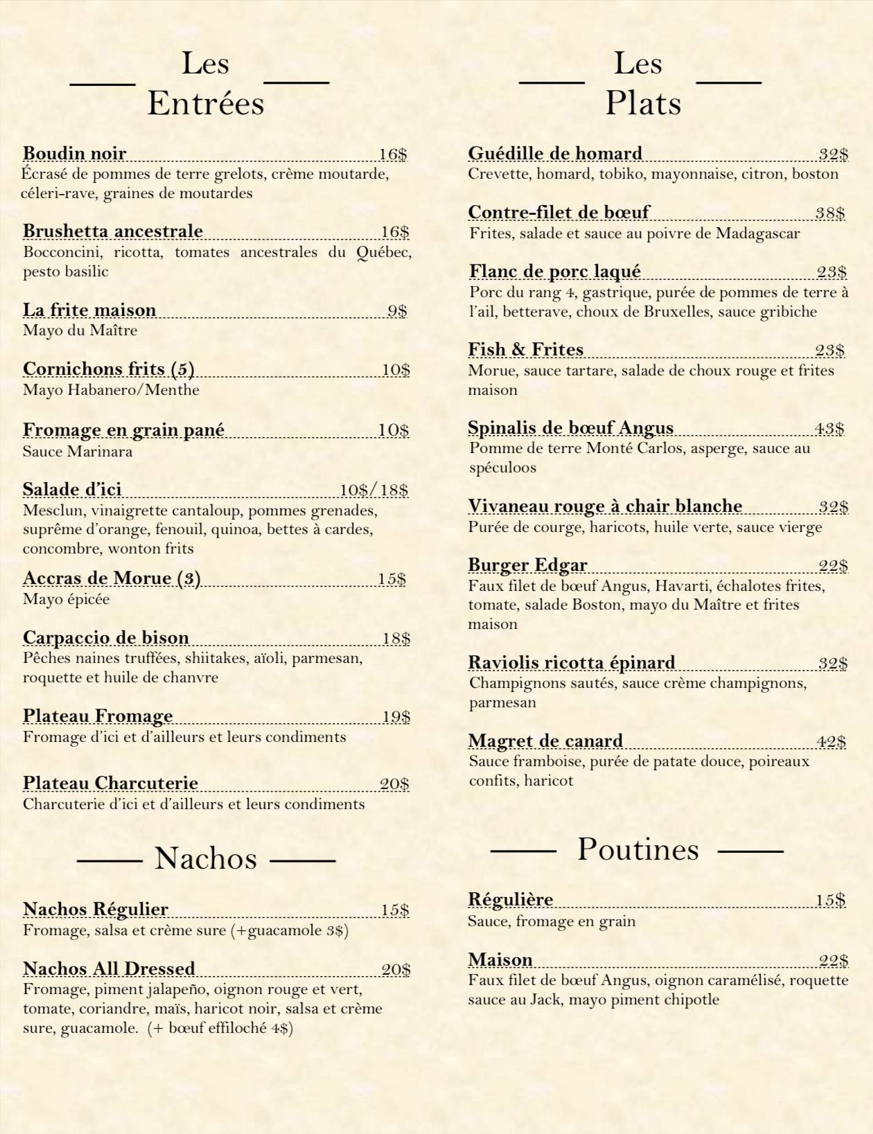 Menu at Maître Edgar restaurant, L'Assomption