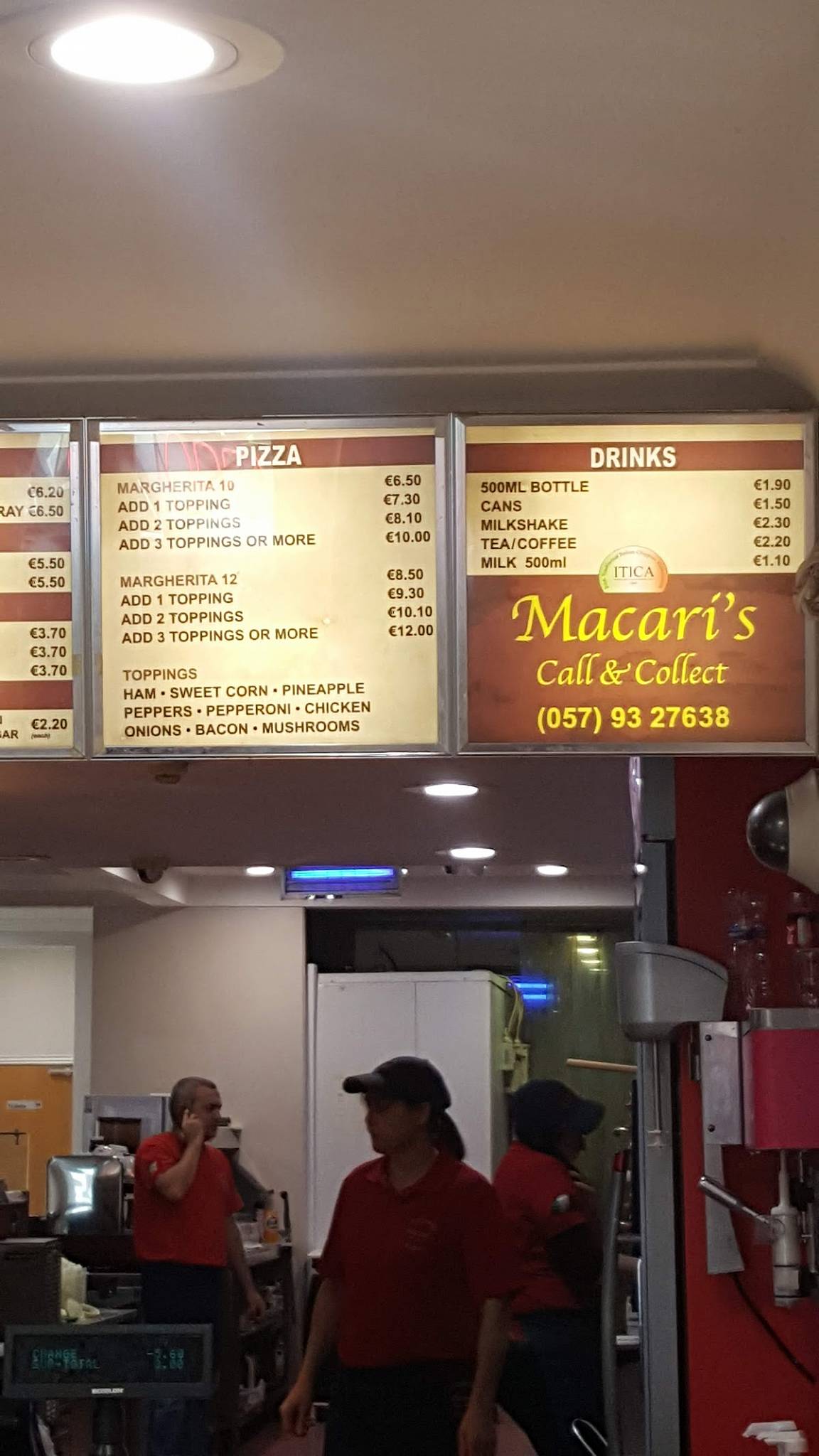 Menu at Macari's restaurant, Tullamore