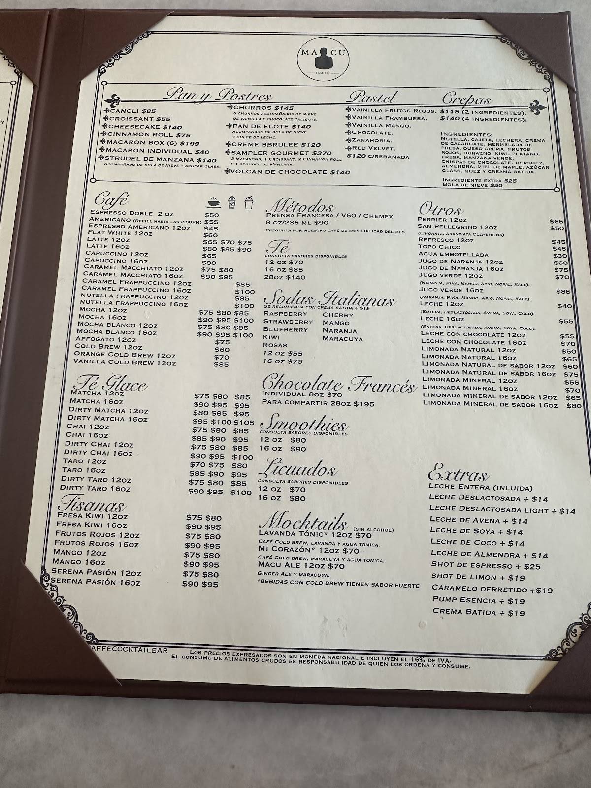 Menu at Macu Caffé Cocktail Bar, Ciudad Juarez