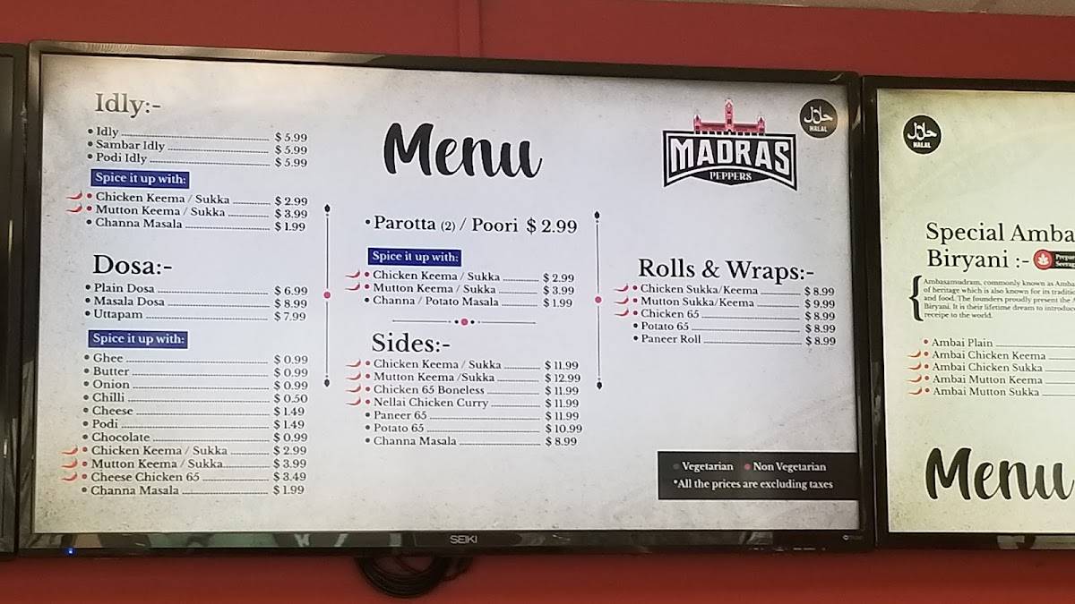 Menu at Madras Peppers restaurant, Mississauga