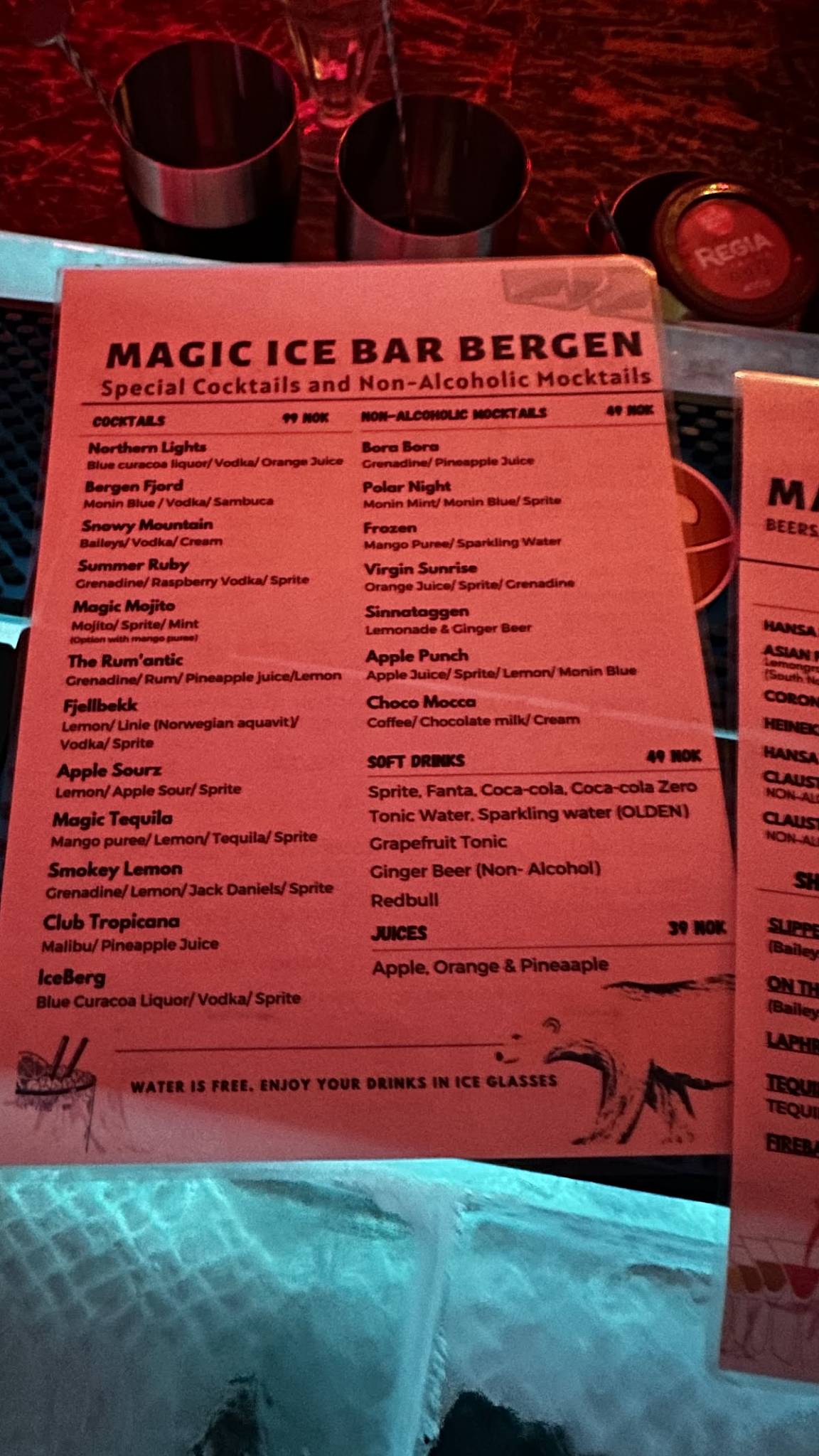 Menu at Magic Ice Bar, Bergen