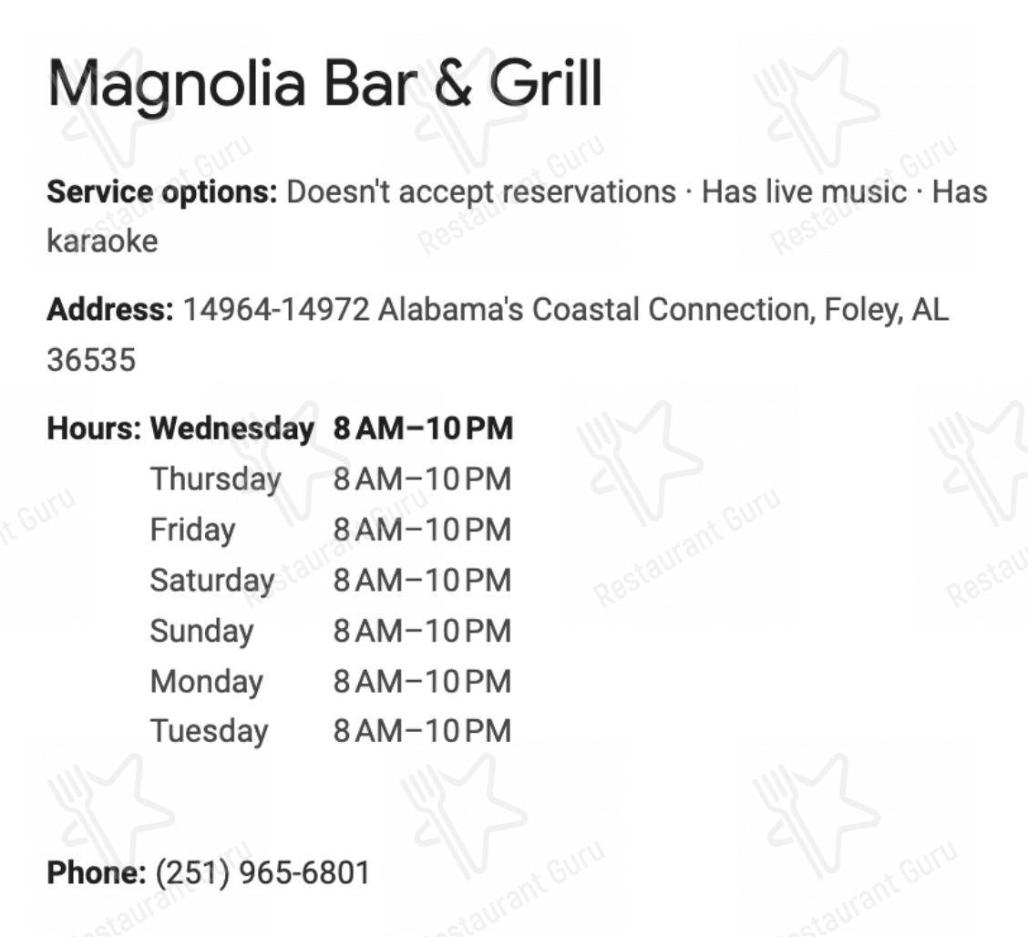 Menu at Magnolia Bar & Grill, Foley, -14972 Alabama's Coastal Connection