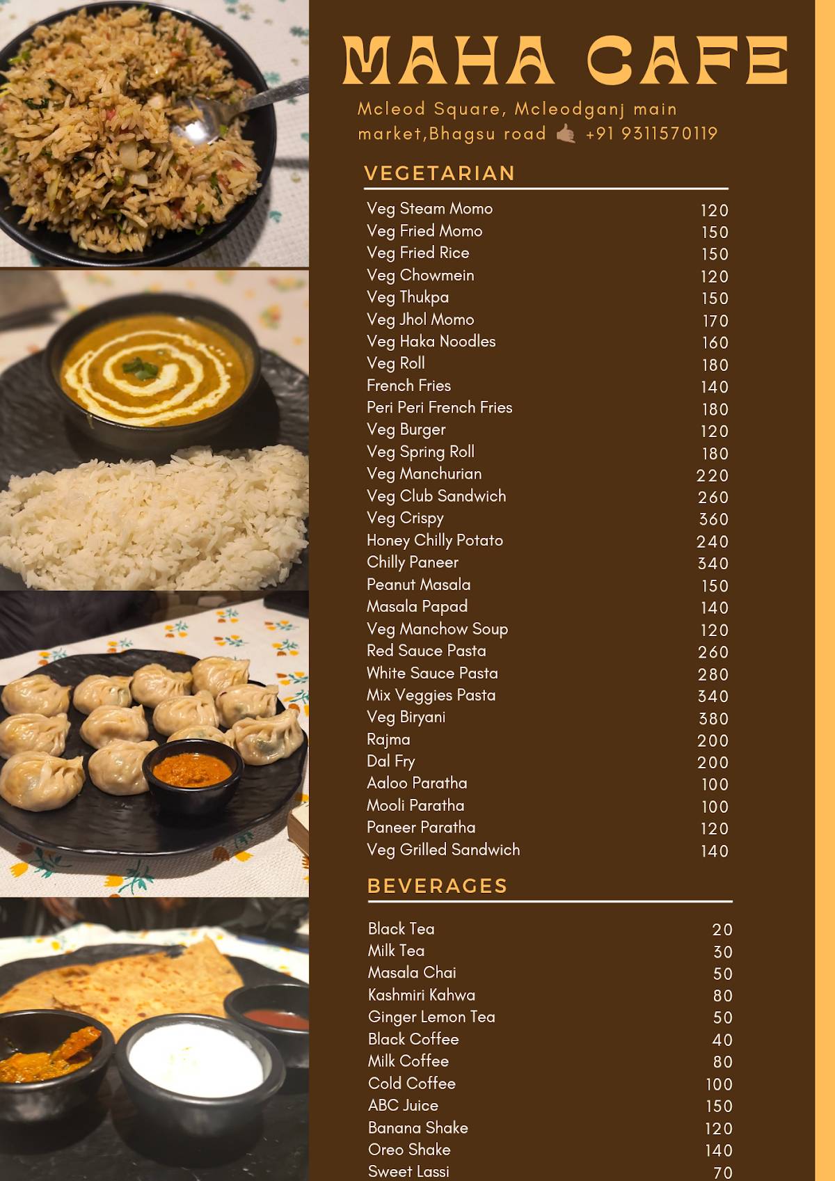 Menu at Maha Cafe, Dharamshala