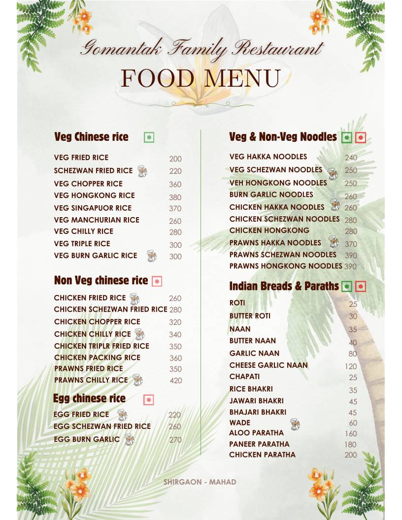 Menu at GOMANTAK FAMILY RESTAURANT, Mahad