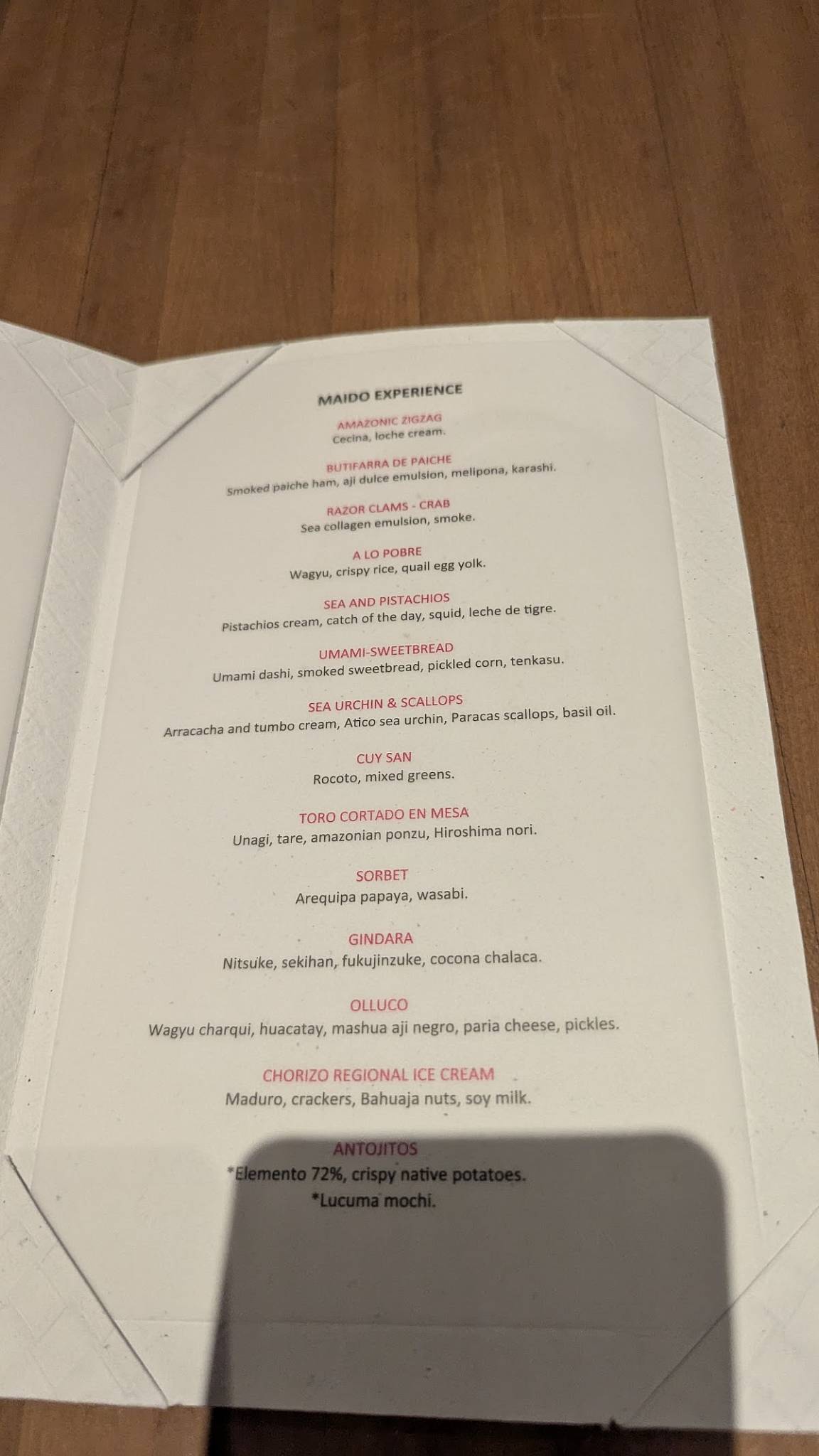 Carta del restaurante Maido, Miraflores, Ca. San Martín No. 399