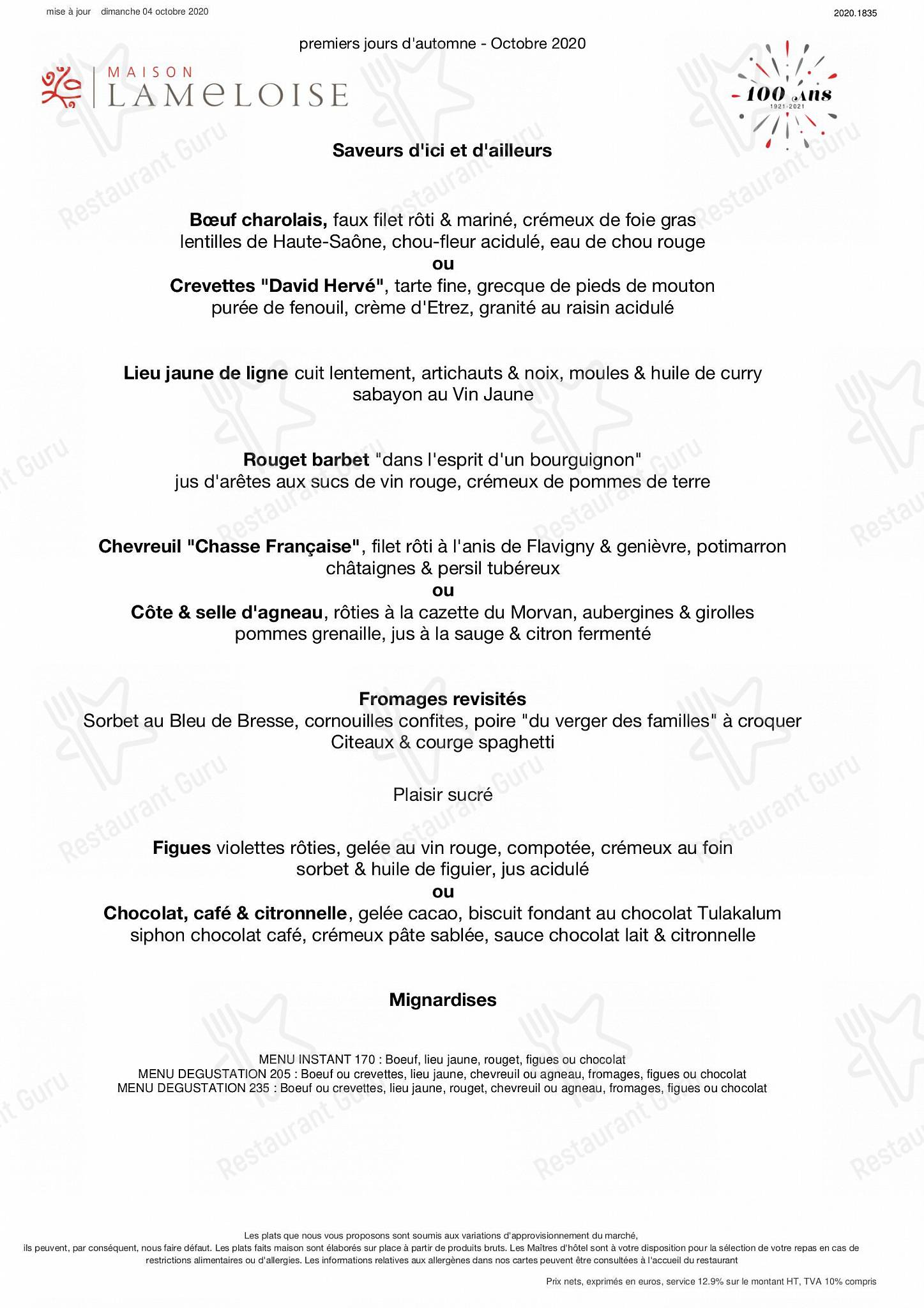 Menu au Maison Lameloise restaurant, Chagny, 36 place d'Armes
