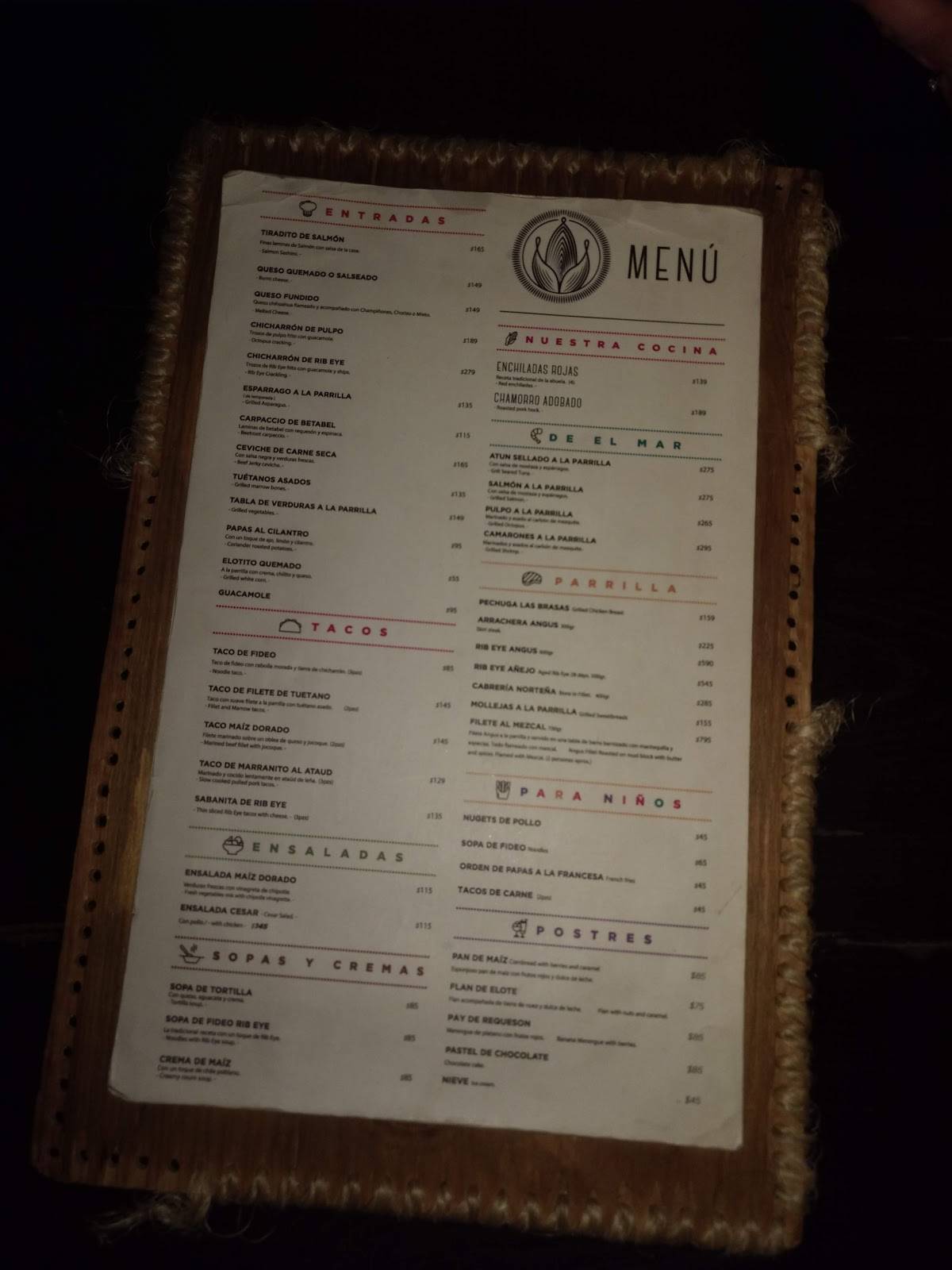 Carta de pizzería Maiz Dorado Culinaria Mexicana, Saltillo