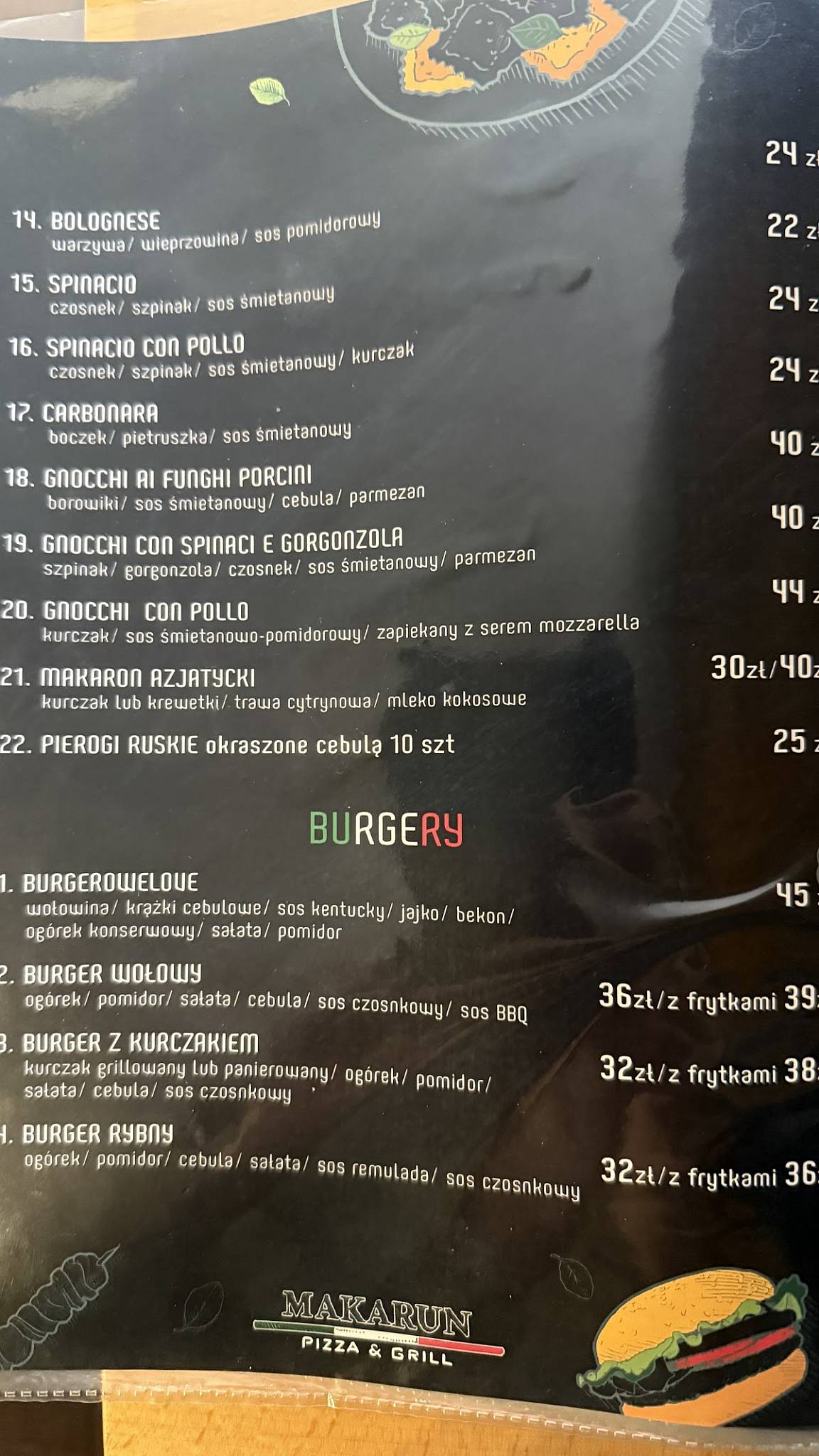 Menu at Makarun restaurant, Chojna