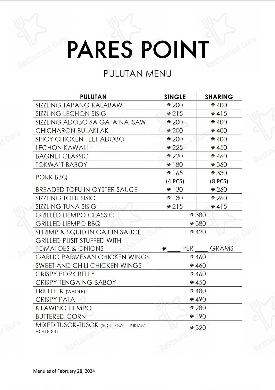 Menu at Pares Point Grill and Resto Bar, Makati