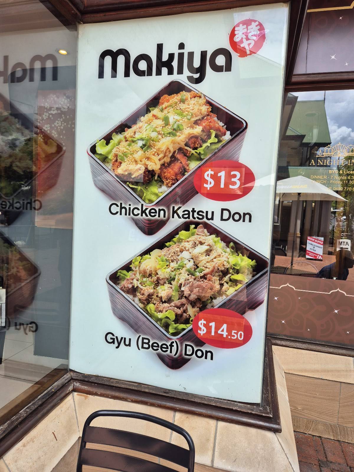 Menu at Makiya restaurant, Milton
