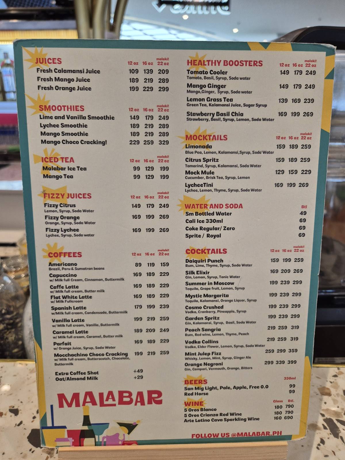 Menu at Malabar, Taguig