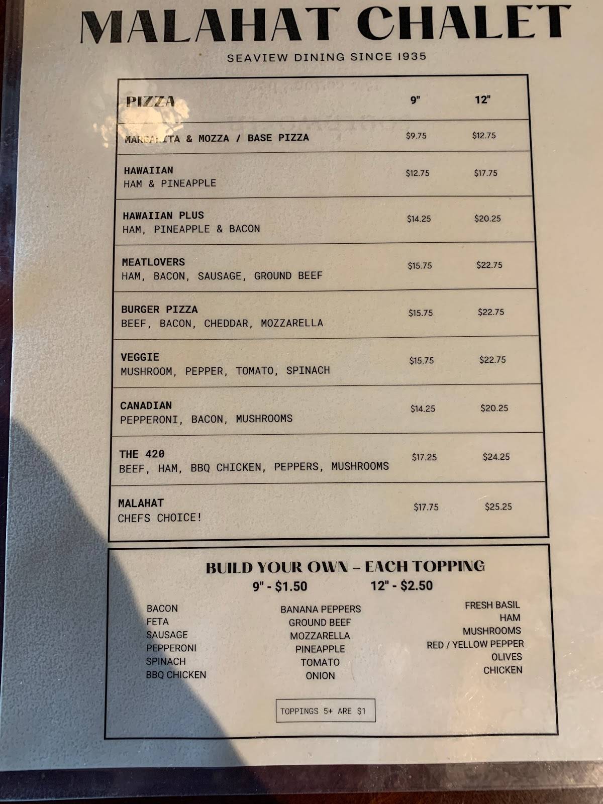Menu at The Malahat Chalet restaurant, Malahat