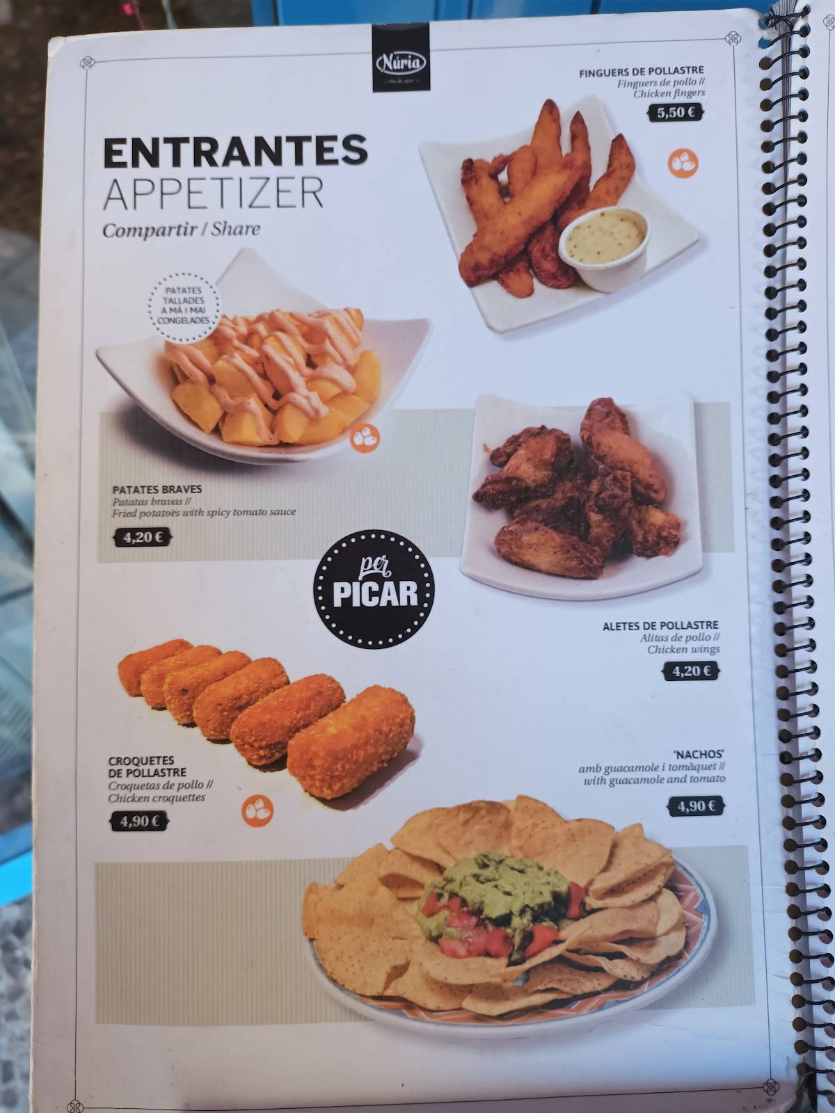 Carta del restaurante Gelateria Núria, Malgrat del Mar, Carrer Marià Cubí