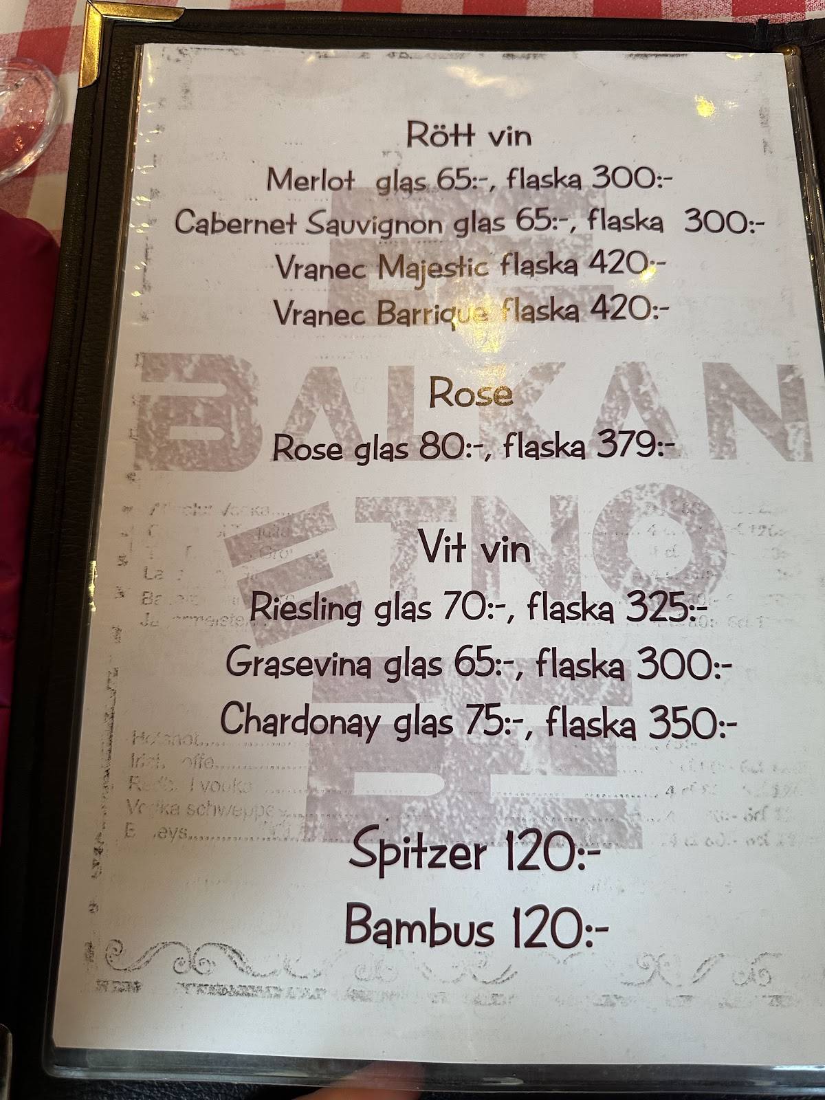 Menu at Balkan Etno restaurant, Malmö