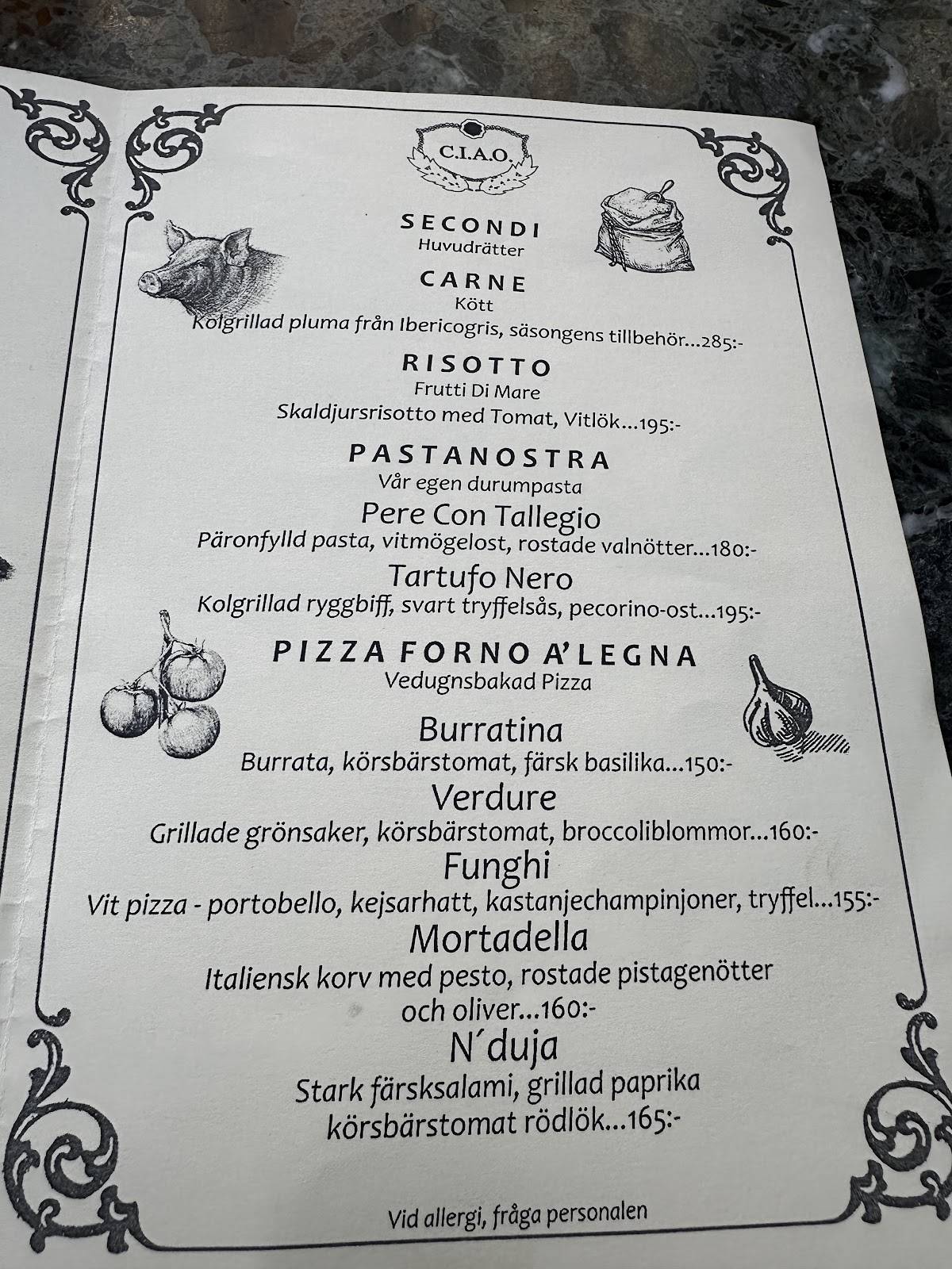 Menu at Ciao pizzeria, Malmö