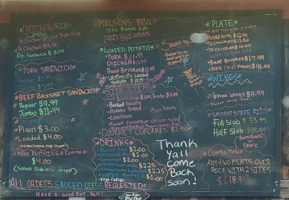 Menu at Malson's Barbeque, Kingsland