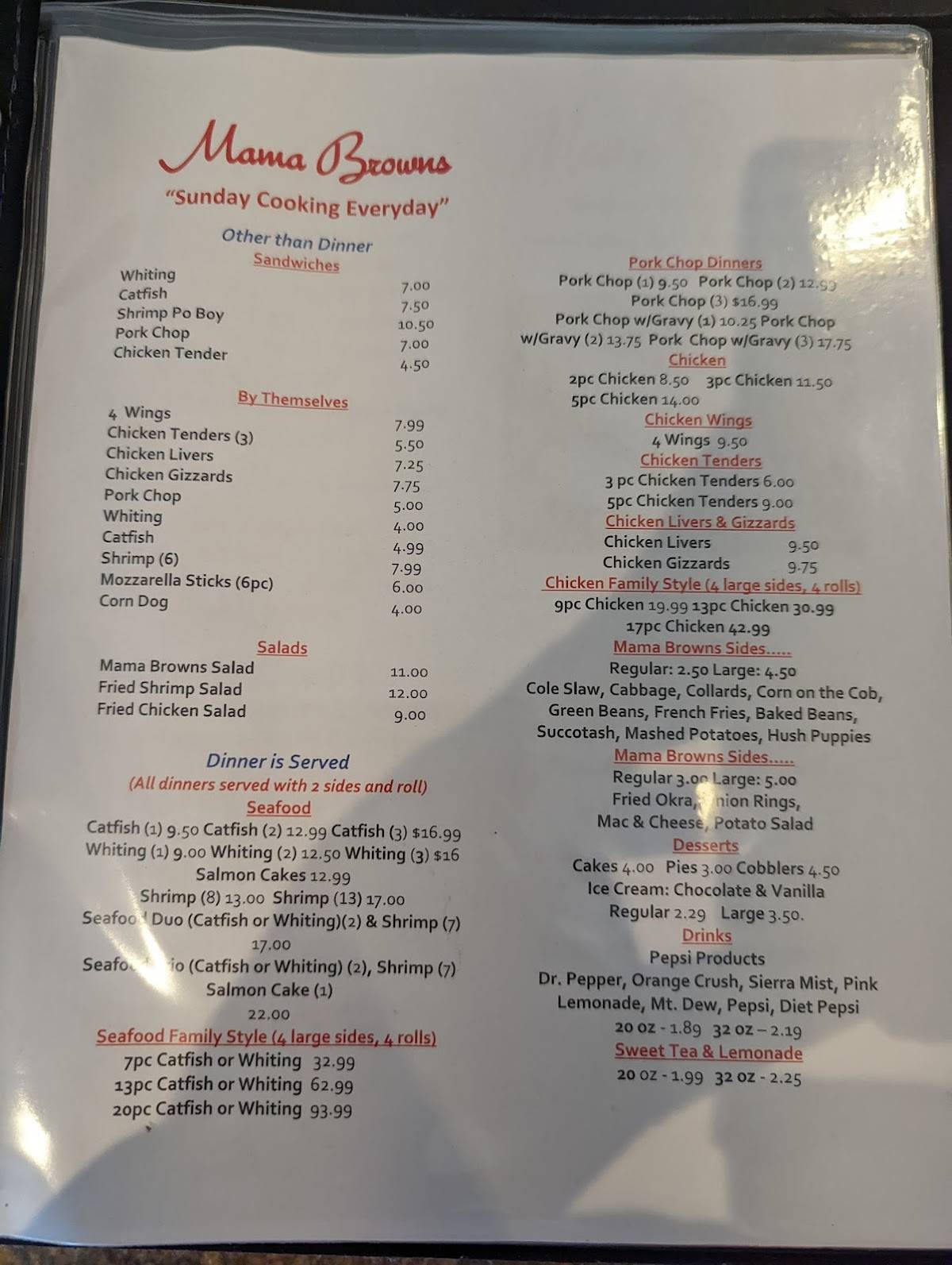 Menu at Mama Brown's restaurant, Powhatan