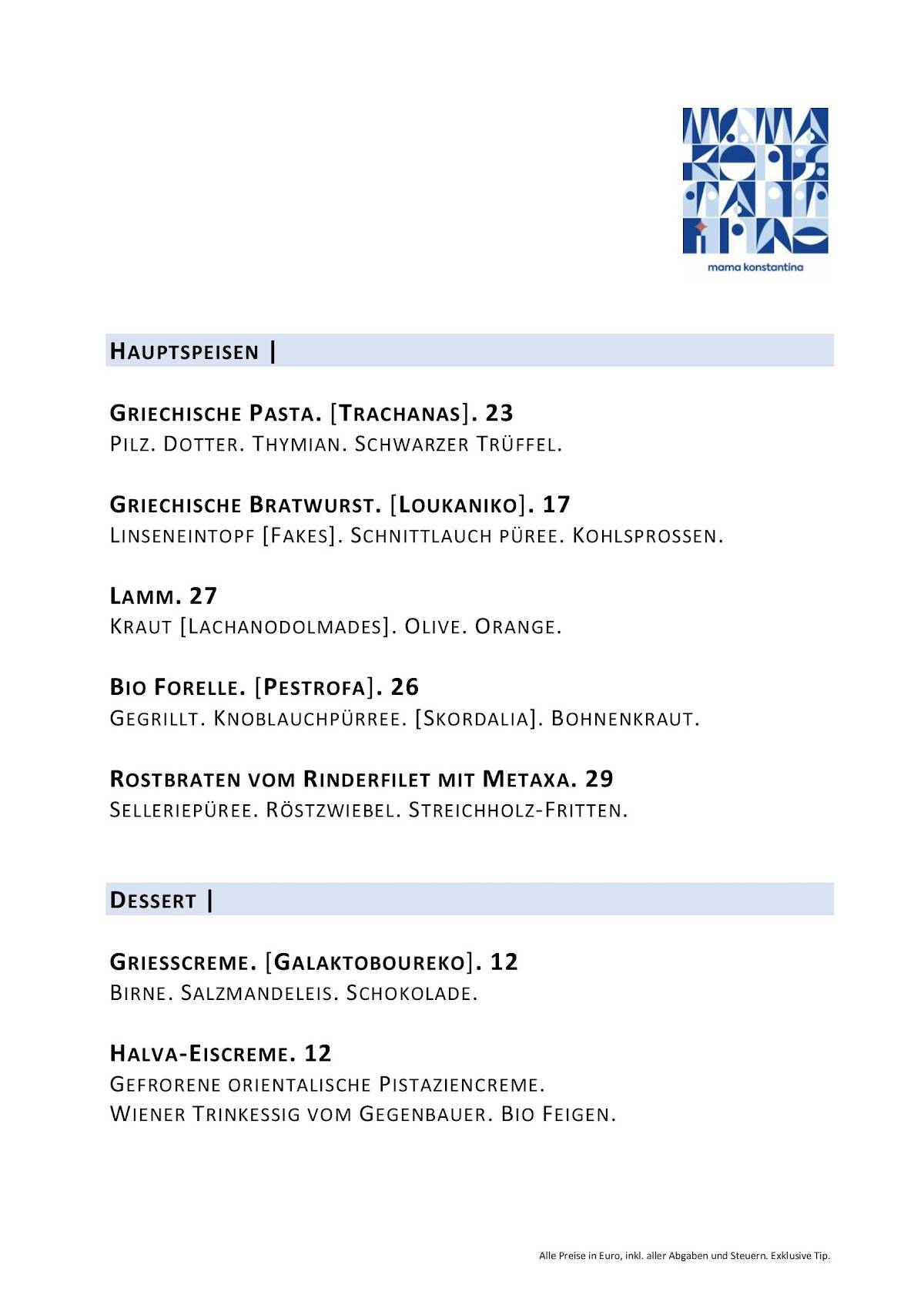 Menu at Mama Konstantina Fine Foods restaurant, Vienna