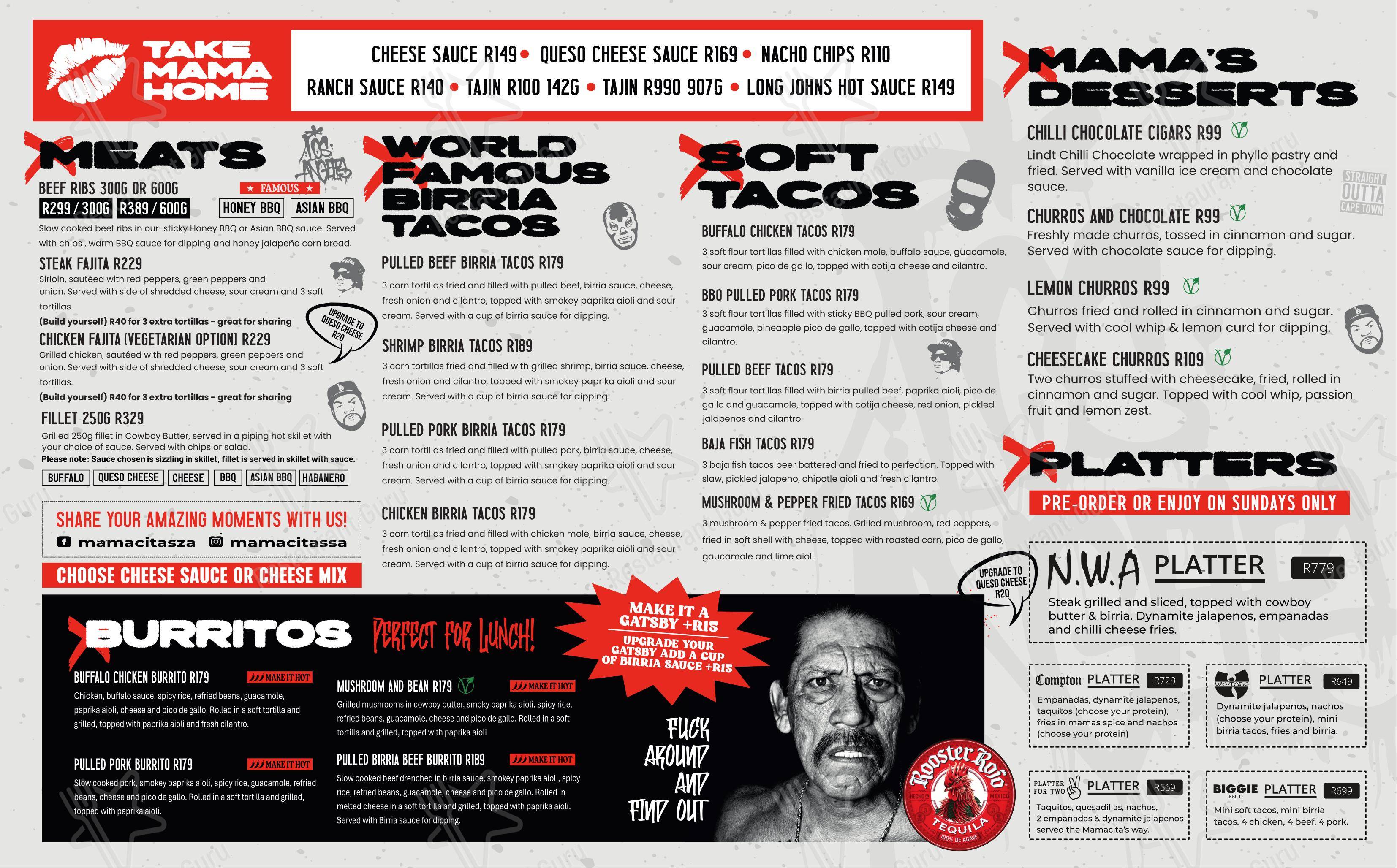 Menu at Mamacita's Cape Town restaurant, Cape Town