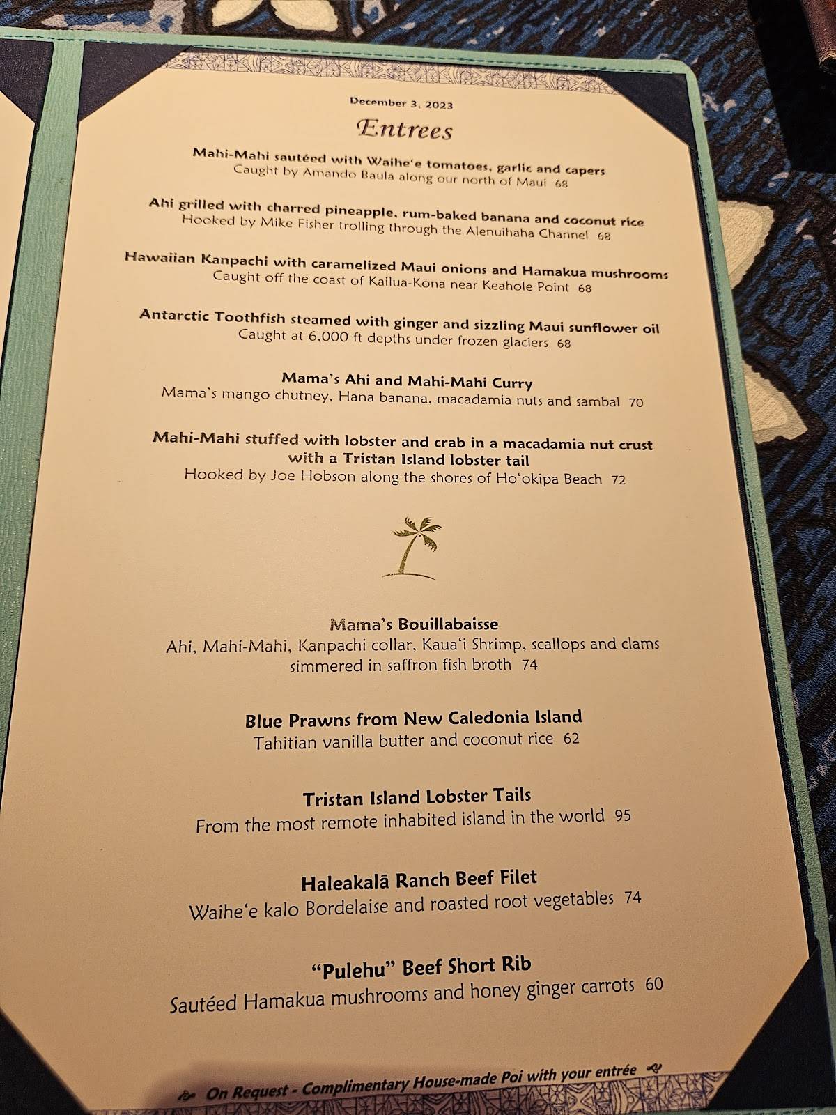 Menu at Mama's Fish House restaurant, Paia