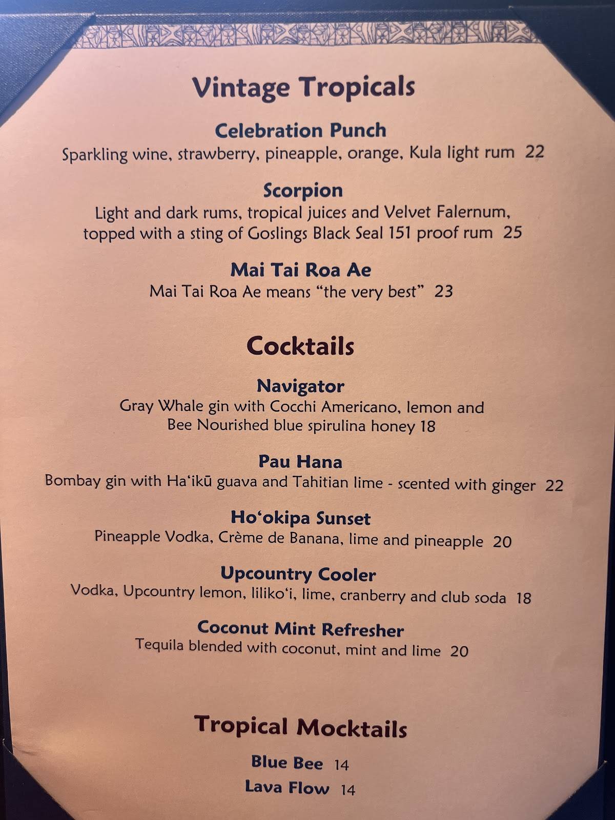 Menu at Mama's Fish House restaurant, Paia
