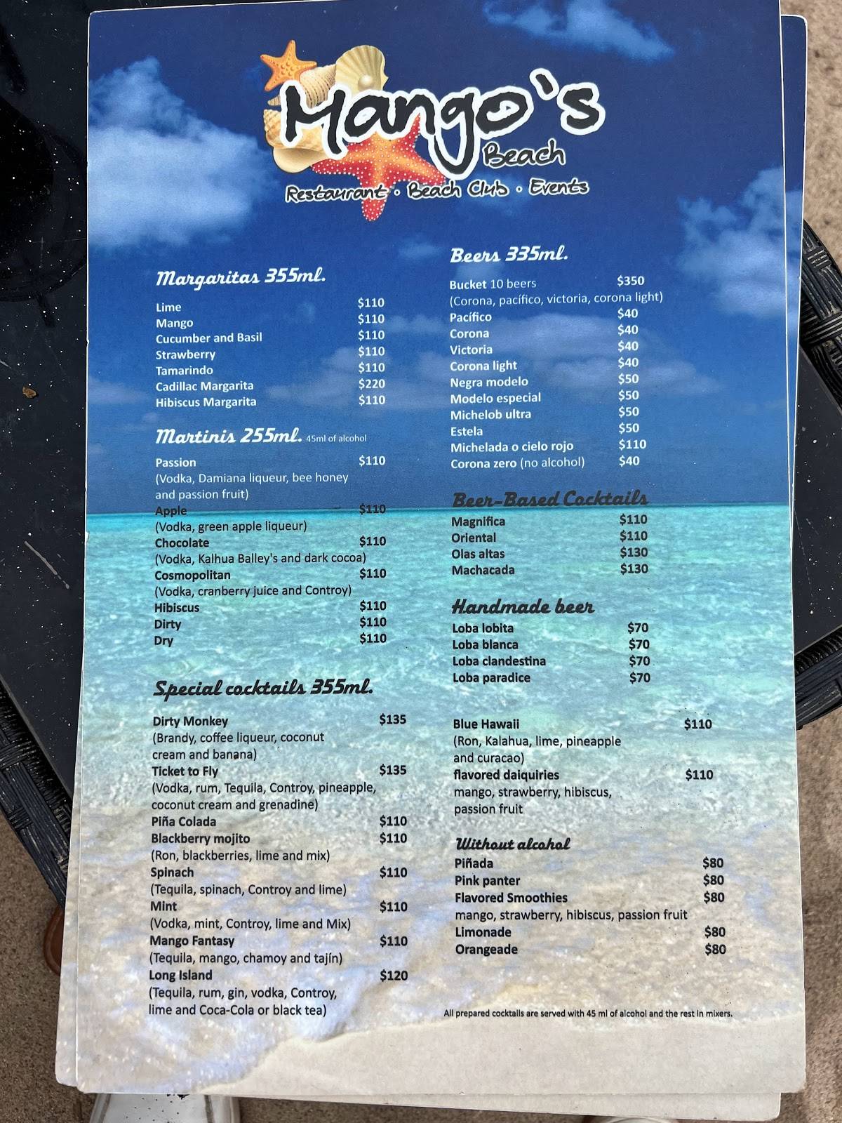 Menu at Mangos Beach Club, Puerto Vallarta